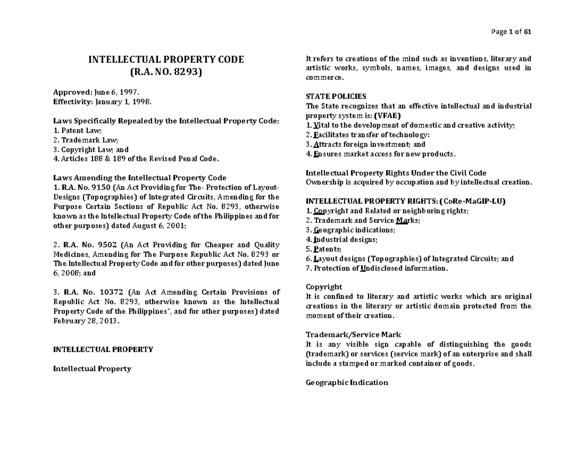 Intellectual Property LAW - INTELLECTUAL PROPERTY CODE (R. NO. 8293 ...