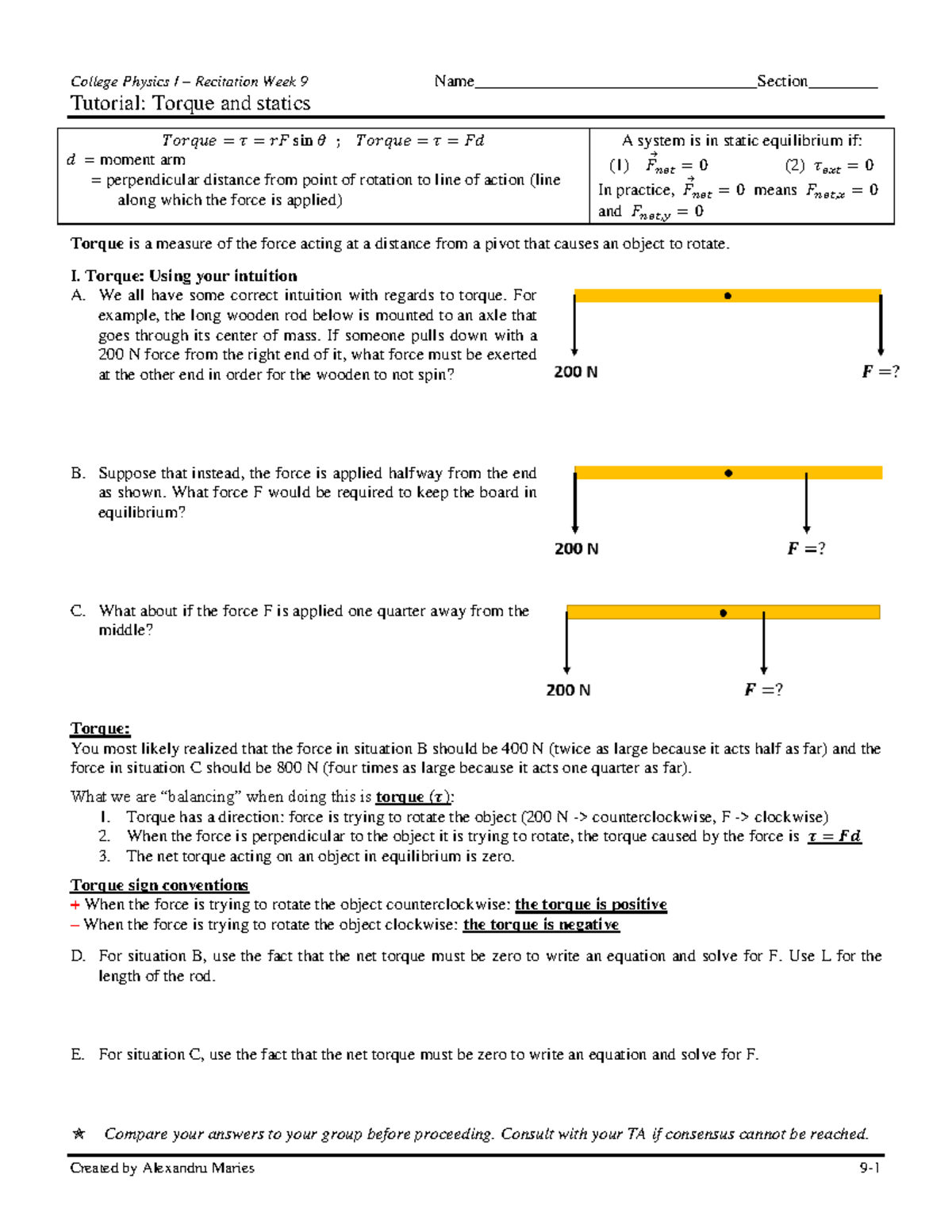 CP1 Recitation tutorial - Torque and statics 2 - College Physics I – Recitation Week 9 - Studocu