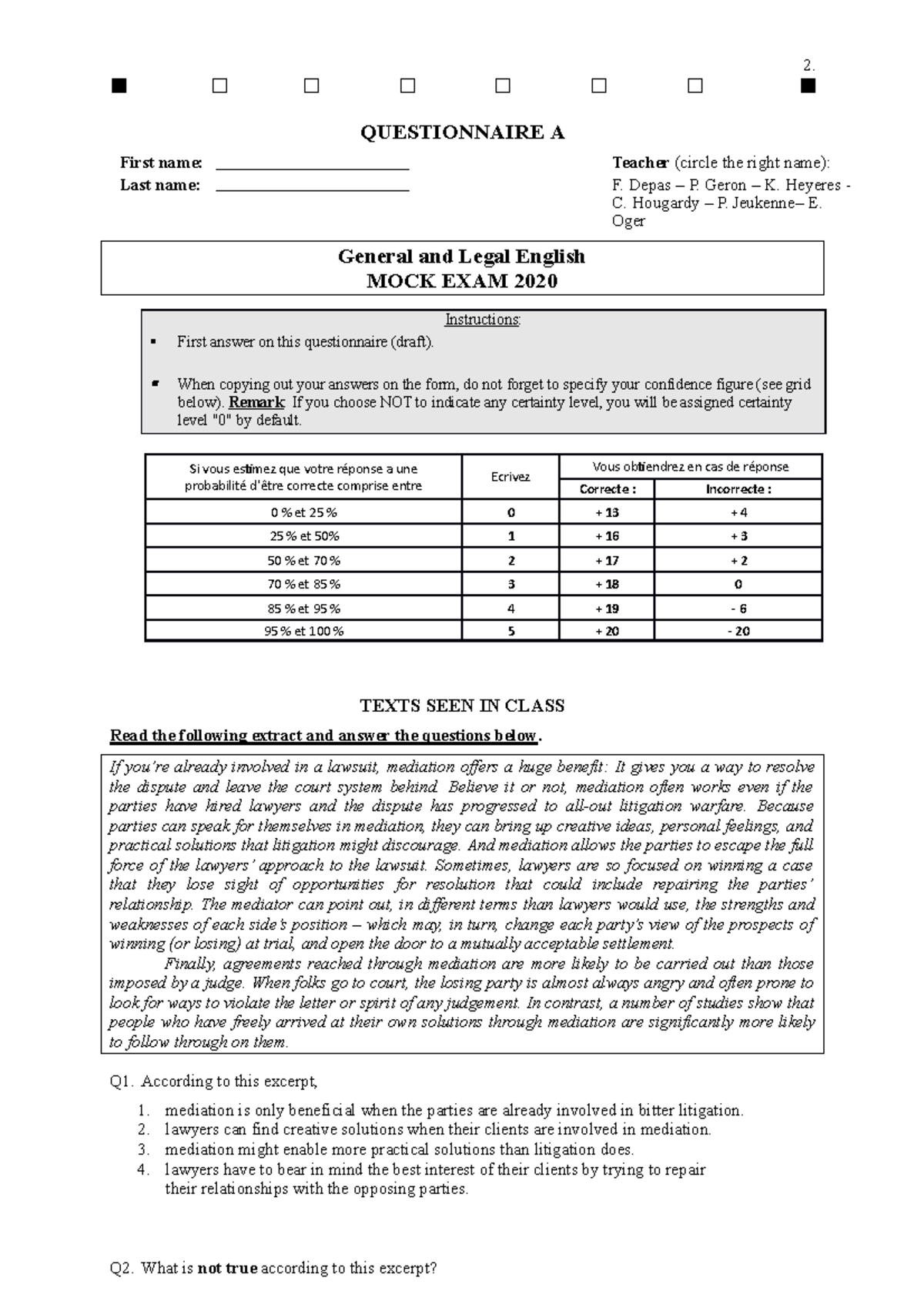 21-22 - Mock exam - January - QUESTIONNAIRE A First name: Teacher ...