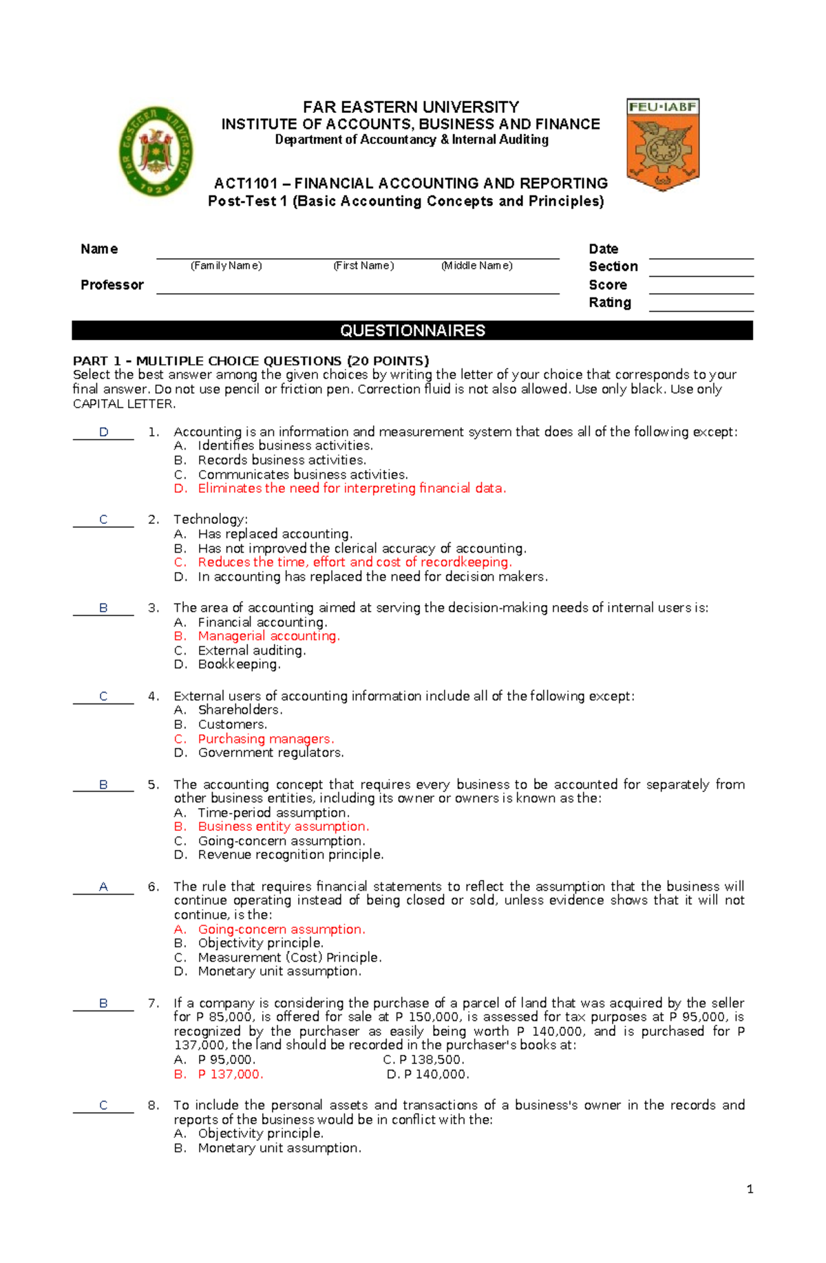 POST TEST 1 Basic Accounting Concept and Principles SET 1 KEY - FAR ...