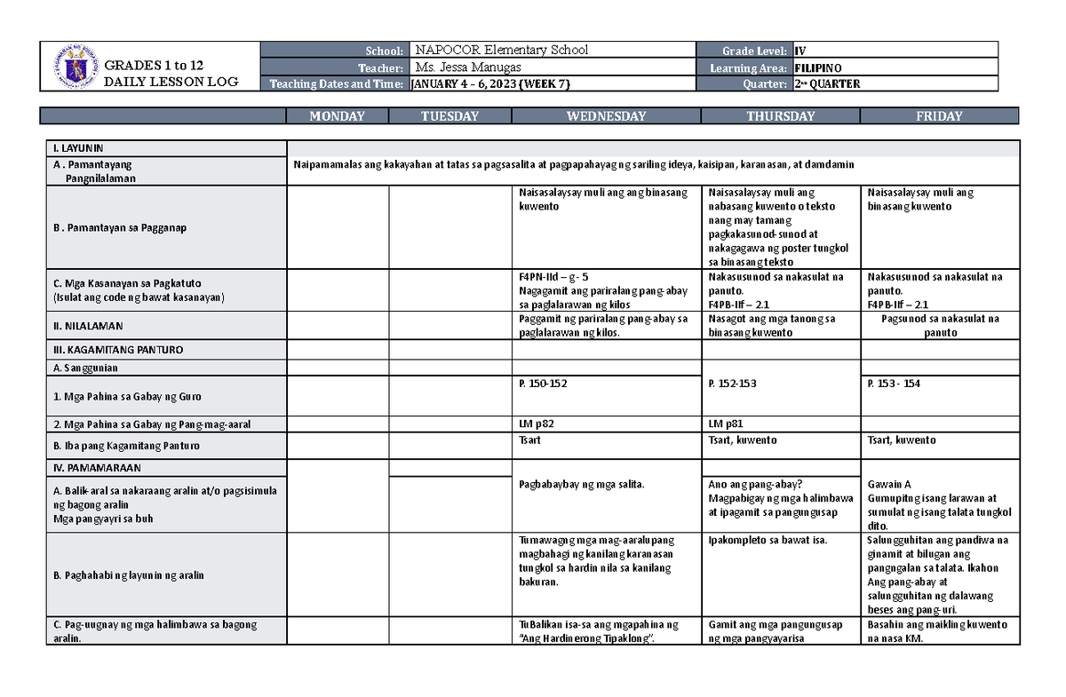 DLL Filipino W7 - This is a sample daily lesson log for one week. This ...