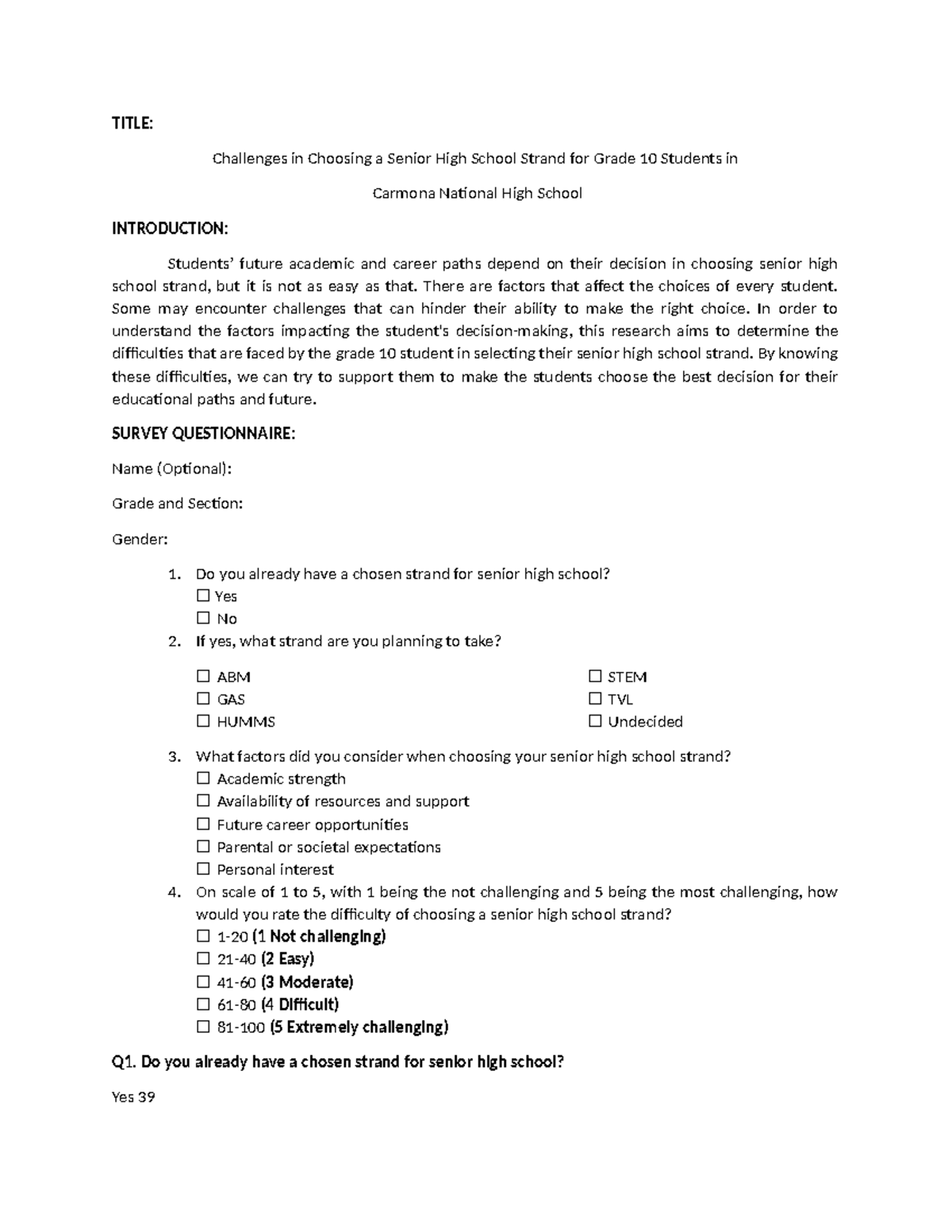 Mini Research Assignment - TITLE: Challenges in Choosing a Senior High ...