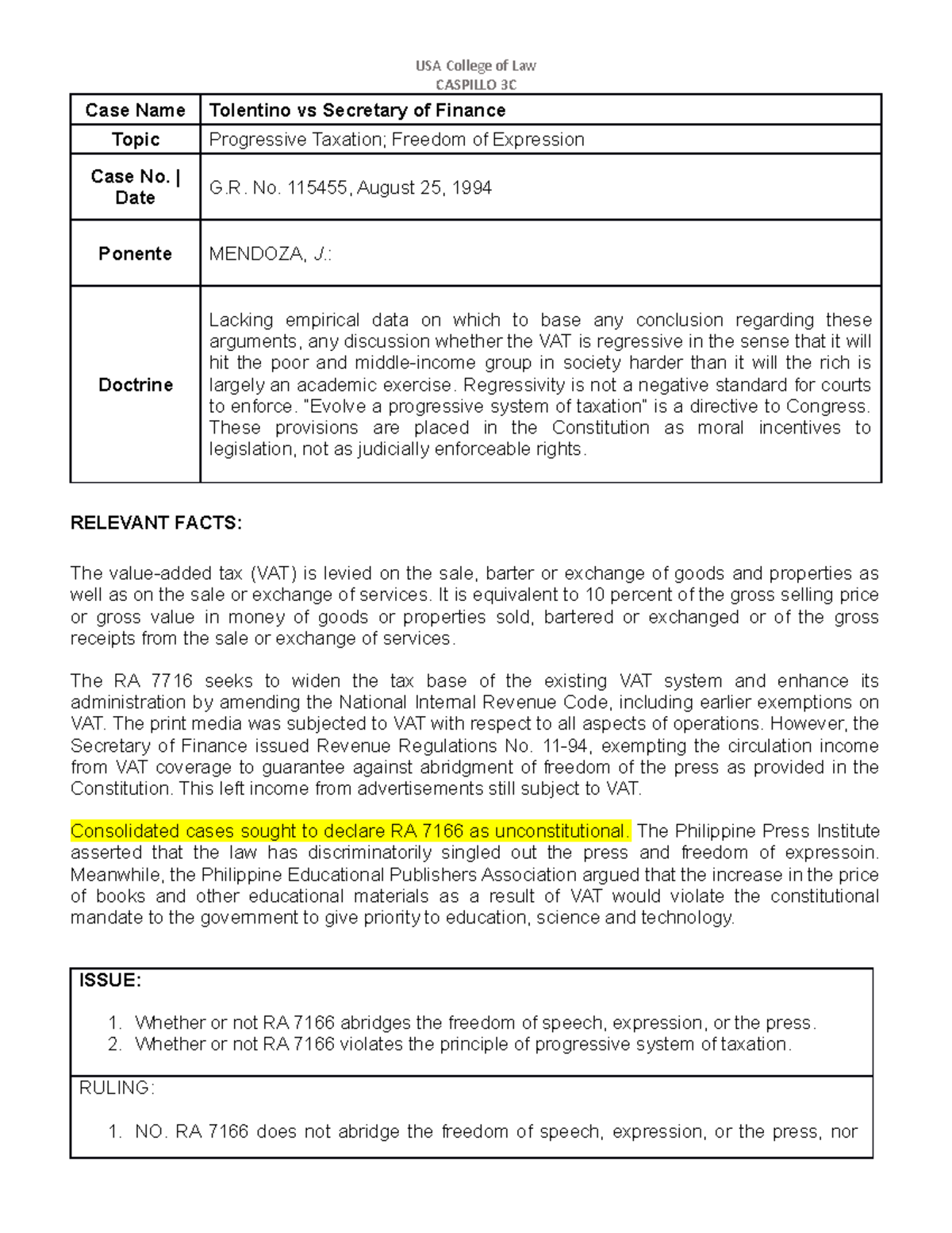 3 Tolentino vs Secretary of Finance - USA College of Law CASPILLO 3C ...