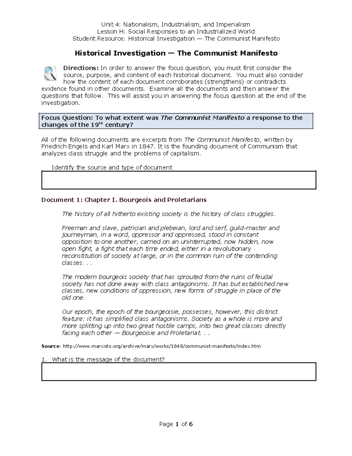 Communist manifesto worksheet - Lesson H: Social Responses to an ...