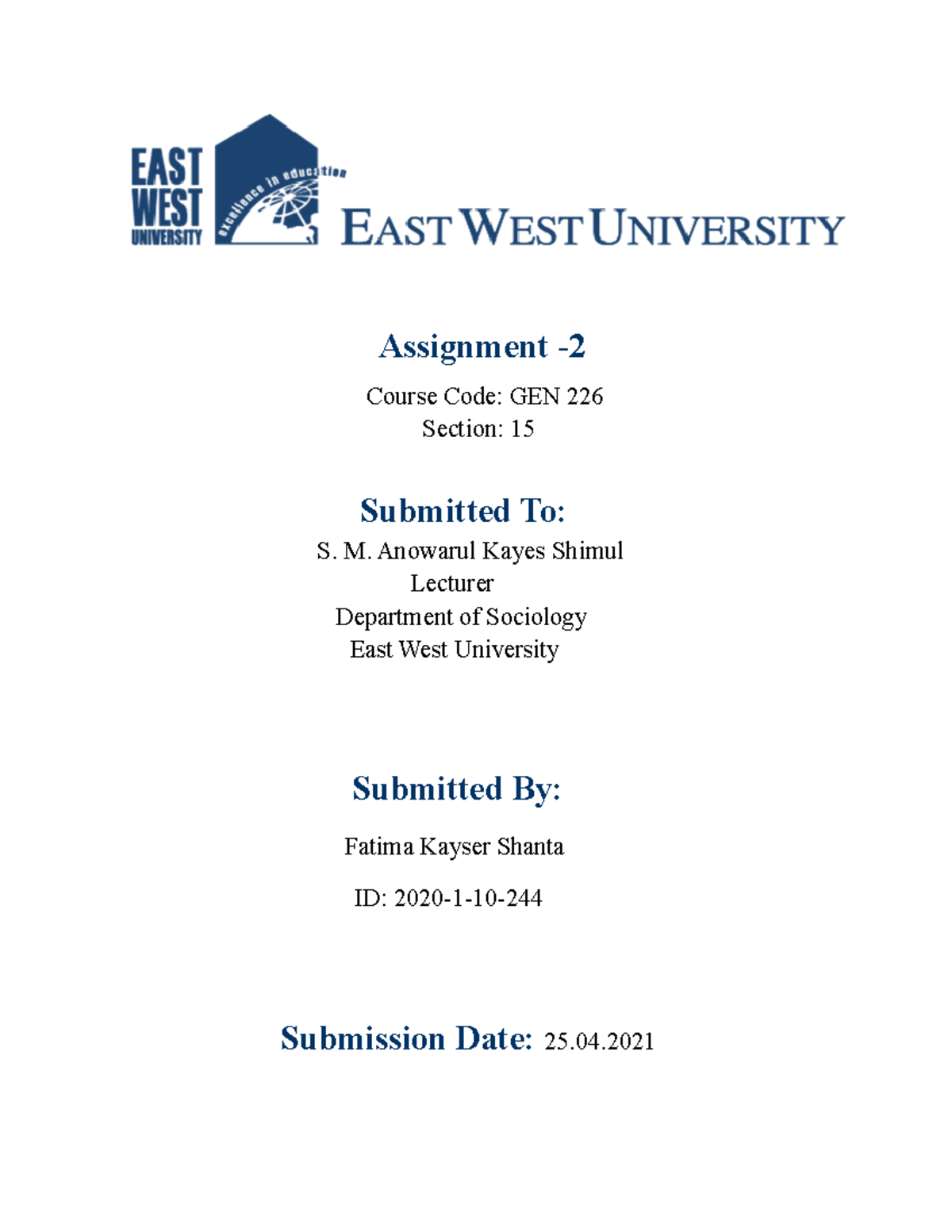 Assignment -2 GEN 226 Emergence of Bangladesh - Assignment - Course Code: GEN 226 Section: 15 ...