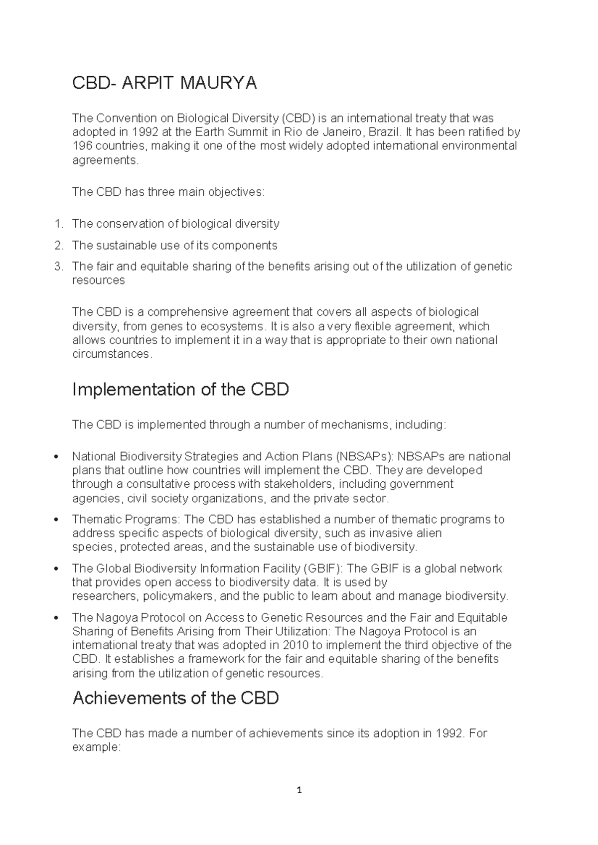 CBD - cbd - CBD- ARPIT MAURYA The Convention on Biological Diversity ...