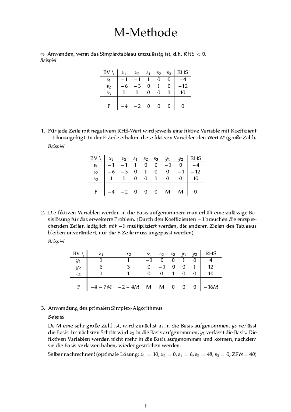 Merkblatt M-Methode - Zusammenfassung Operations Research - M-Methode ⇒ ...