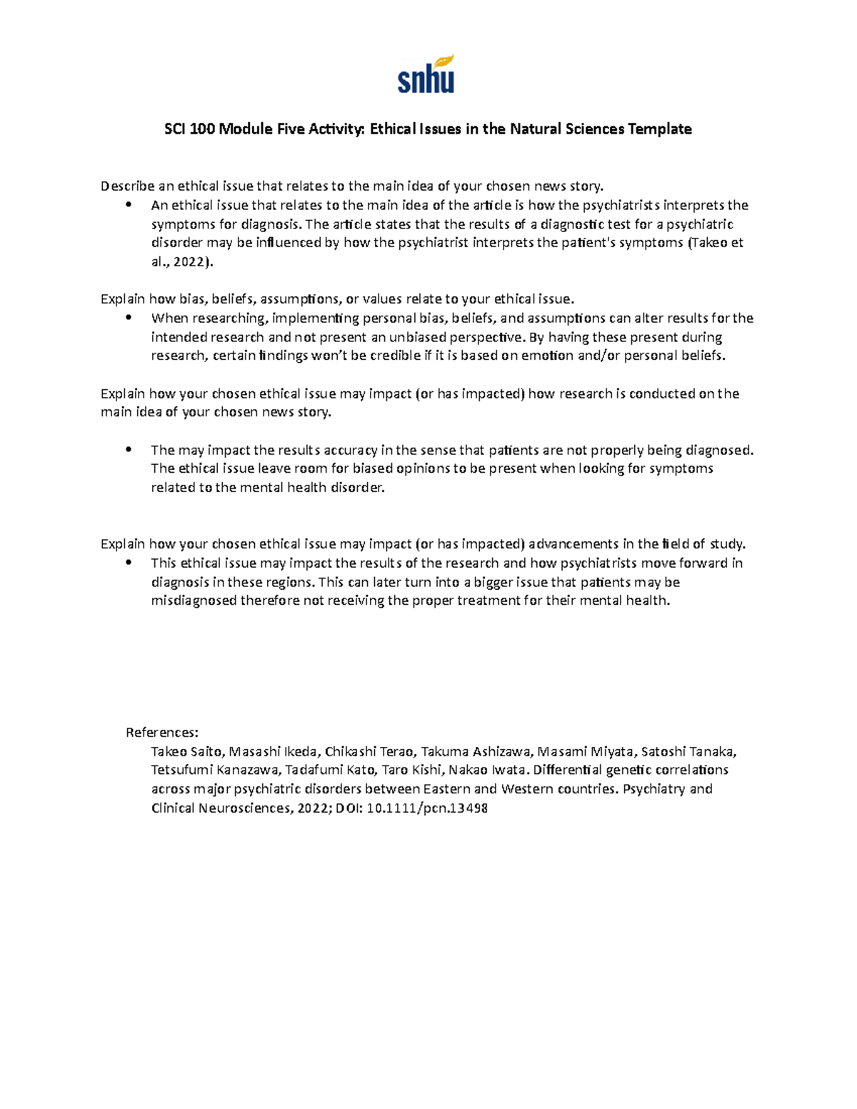 Assign 5 SCI 100 - SCI 100 Module Five Activity: Ethical Issues in the Natural Sciences Template ...