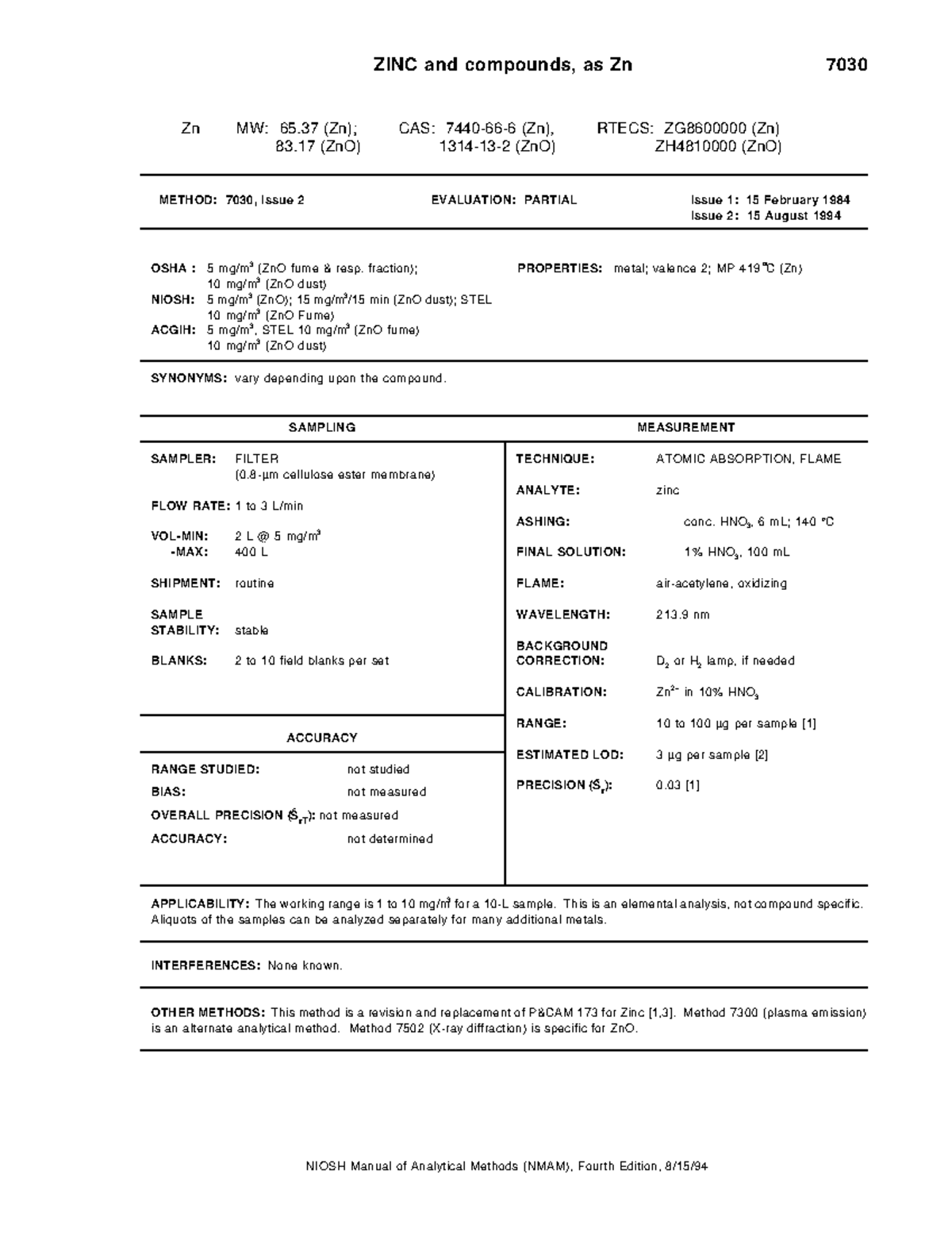 7030 zic - zinc - ZINC and compounds, as Zn 7030 Zn MW: 65 (Zn); CAS ...