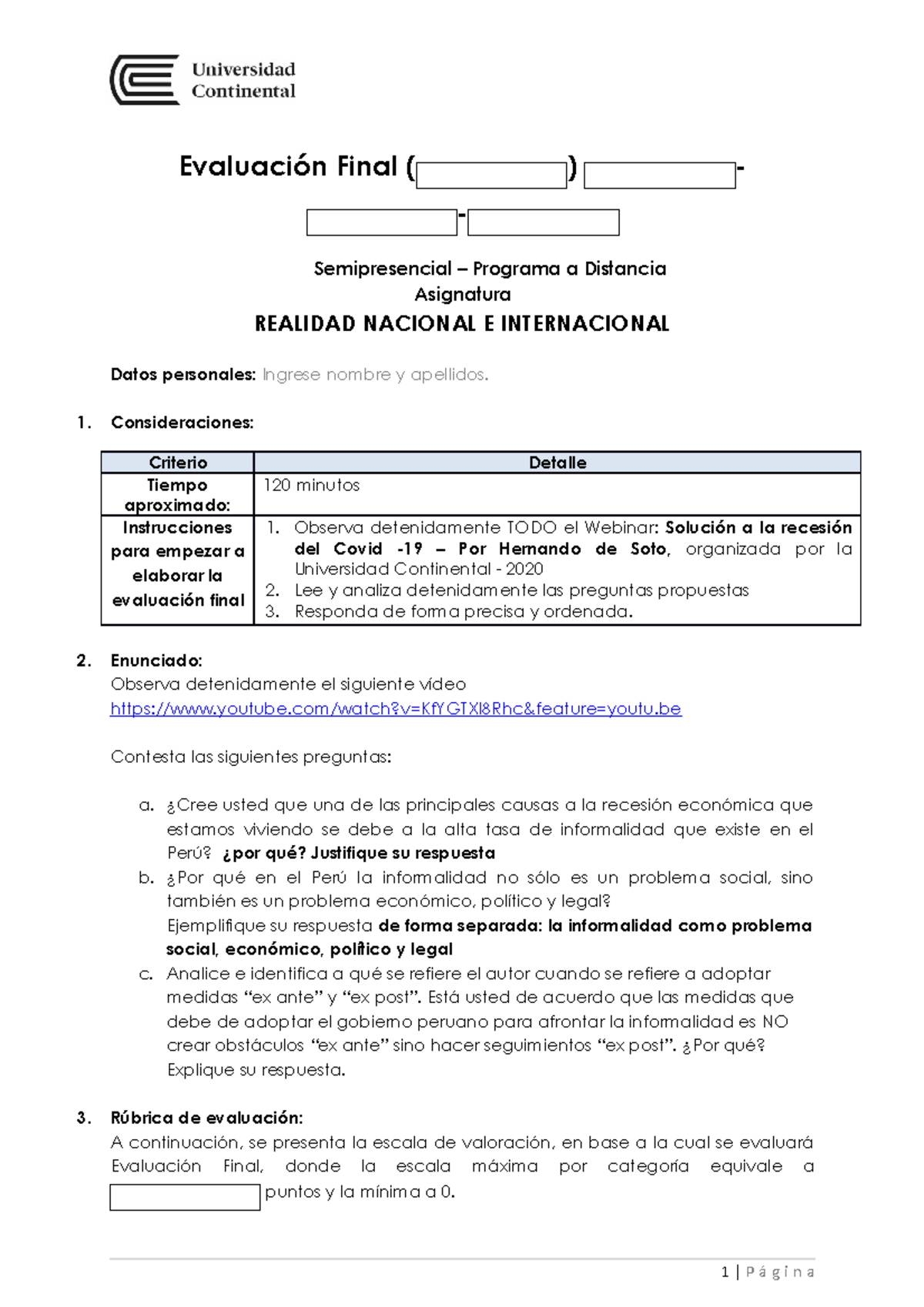 Evaluación Final RNI Prueba rubrica - Evaluación Final ( ) - Semipresencial – Programa a ...