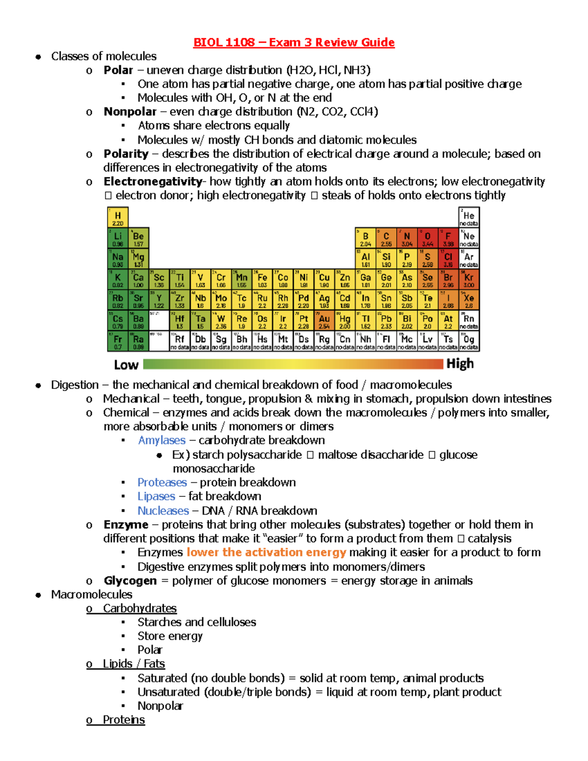 BIOL 1108 Exam 3 Study Guide - Barb - BIOL 1108 – Exam 3 Review Guide Classes of molecules o ...