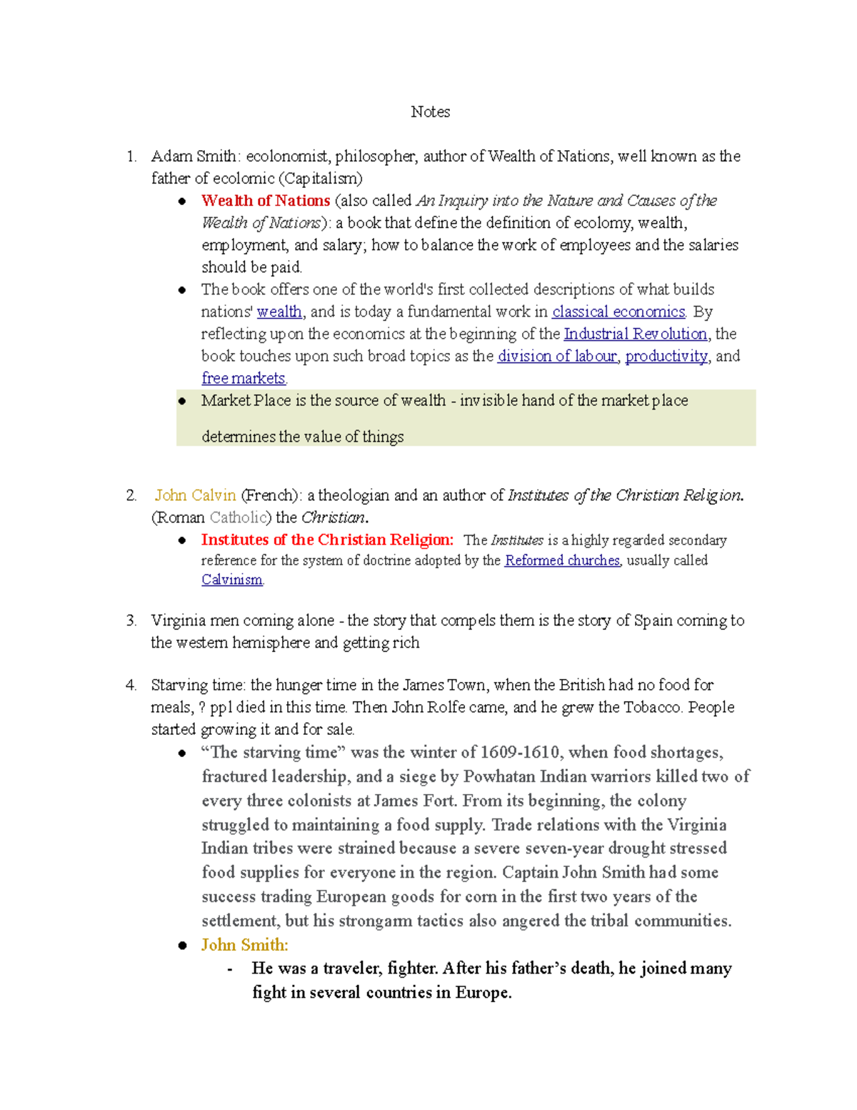 History 17A Notes - Notes Adam Smith: ecolonomist, philosopher, author ...