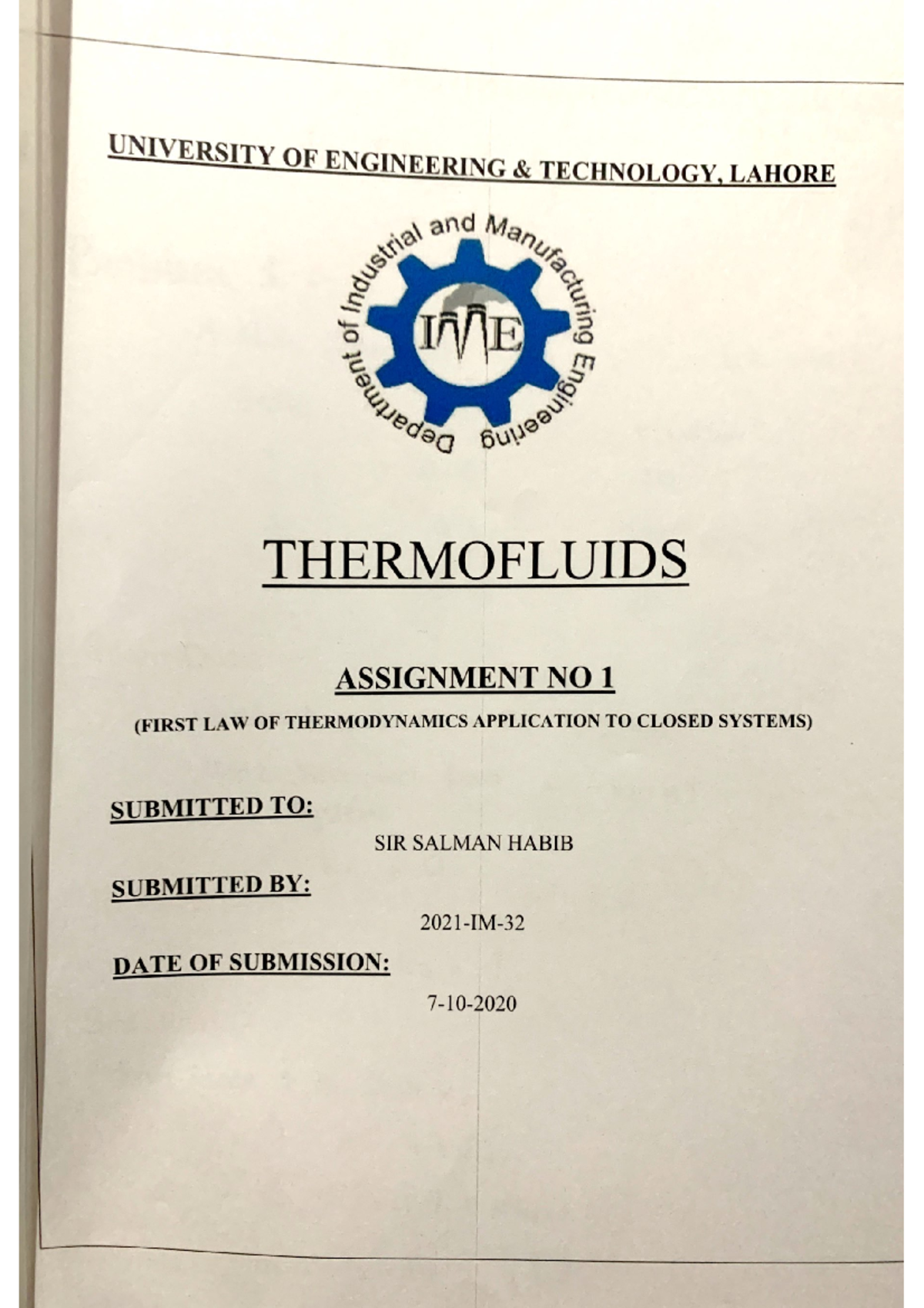 Assignment 01 Thermofluids - Thermodynamics 2 - Studocu