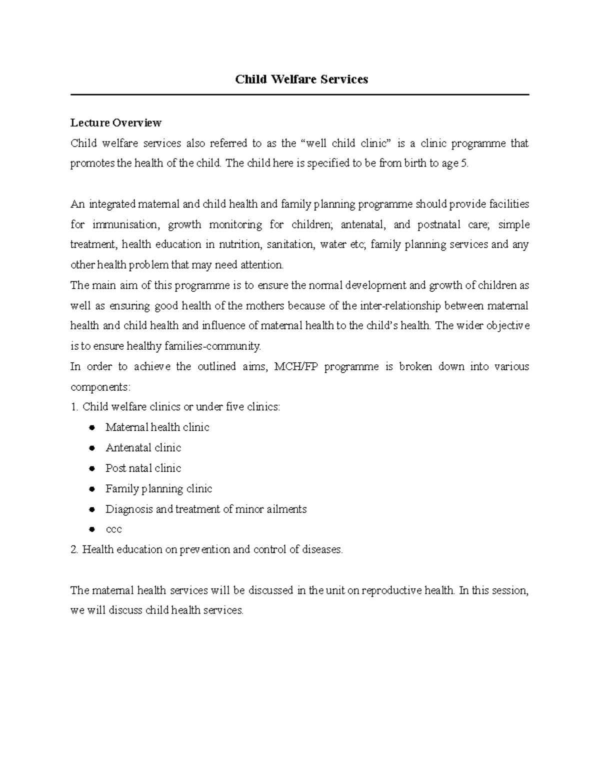 Child Welfare Services - Community Health - UoN - Studocu
