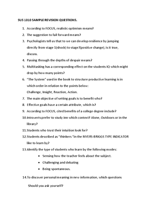 SUS Questions - SUS 1010F: PRE- MID EXAM QUIZ 1. At a four-year college ...