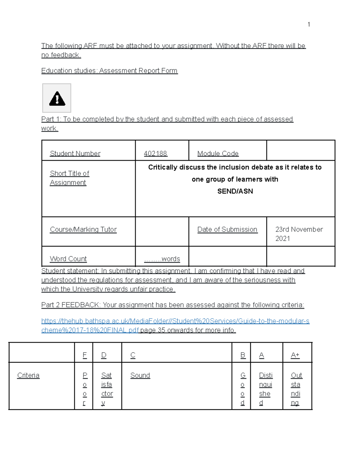 Essay 1 - Grade: 2:1 - The following ARF must be attached to your ...