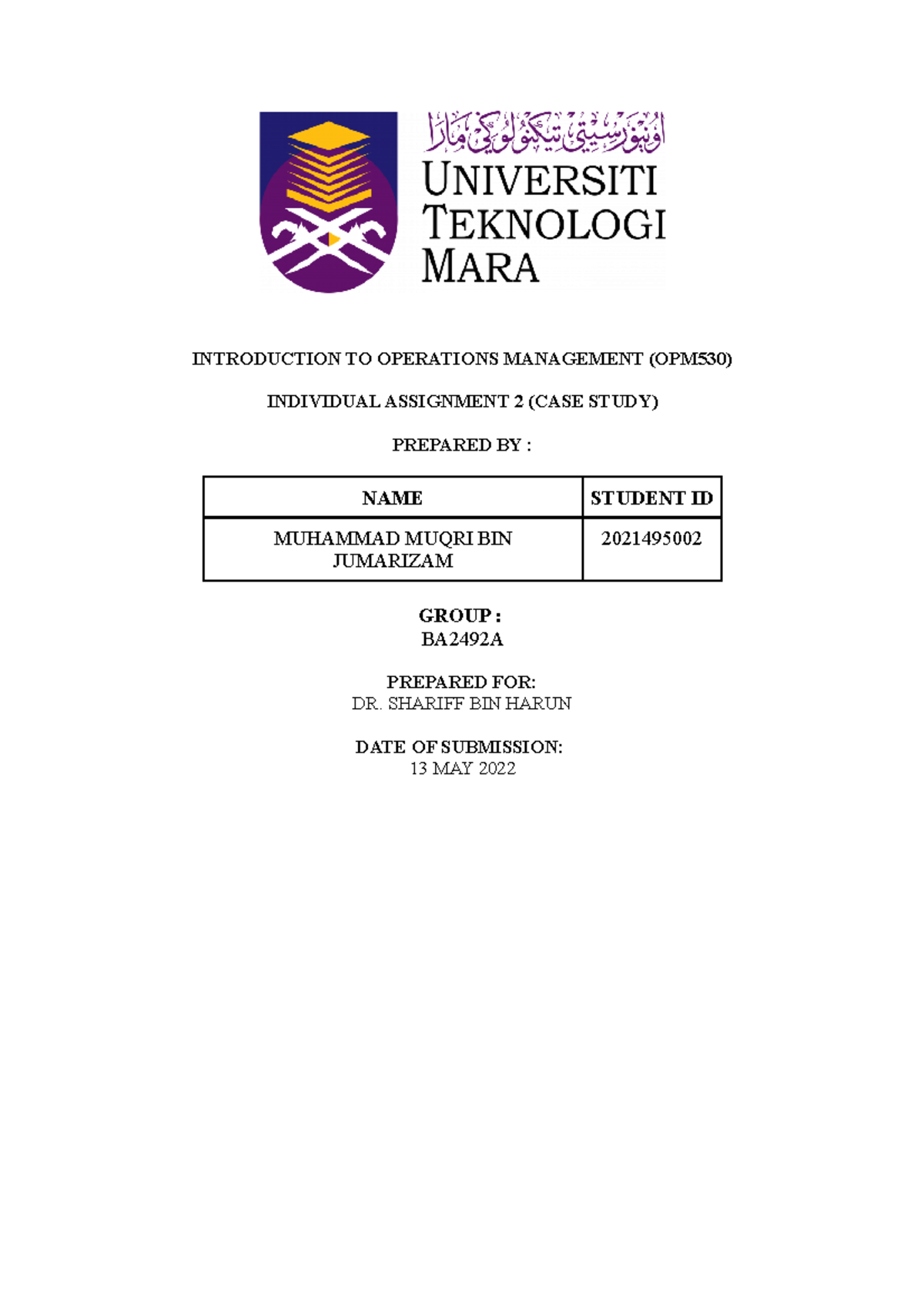 BA2492A - Muhammad Muqri - INTRODUCTION TO OPERATIONS MANAGEMENT ...