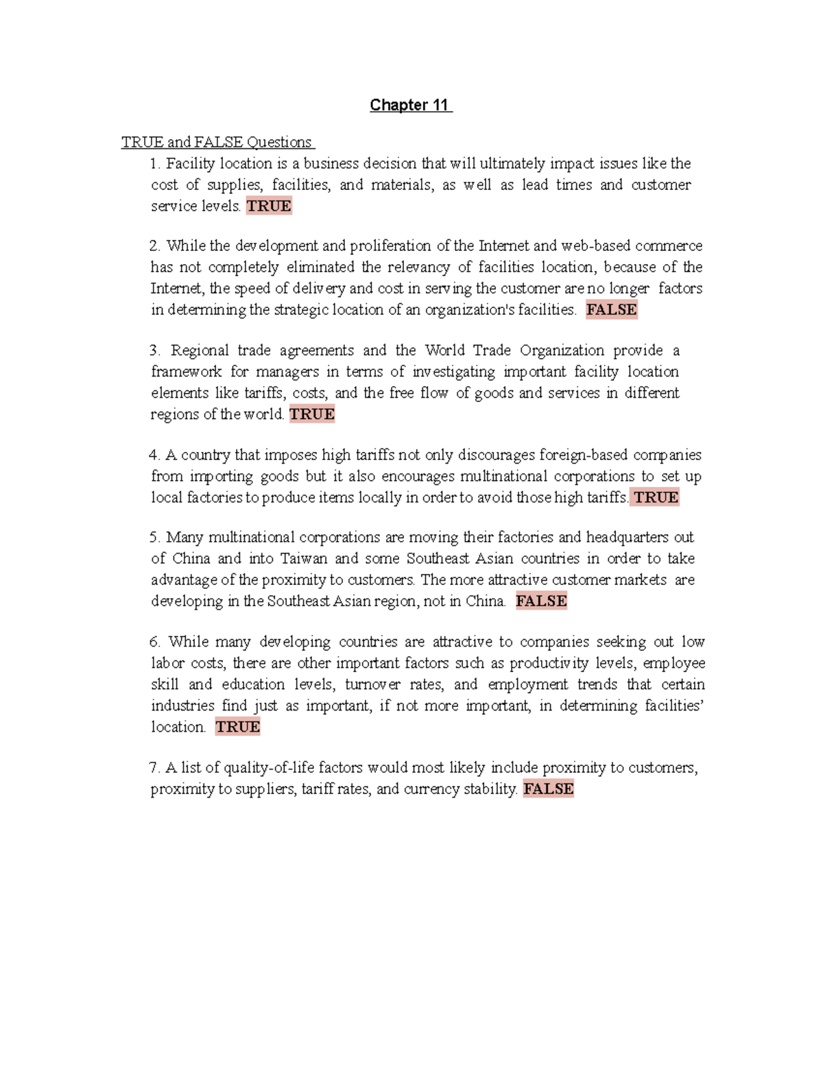 SCM Tutorial 11 - true/false, objective and essay questions - Supply ...