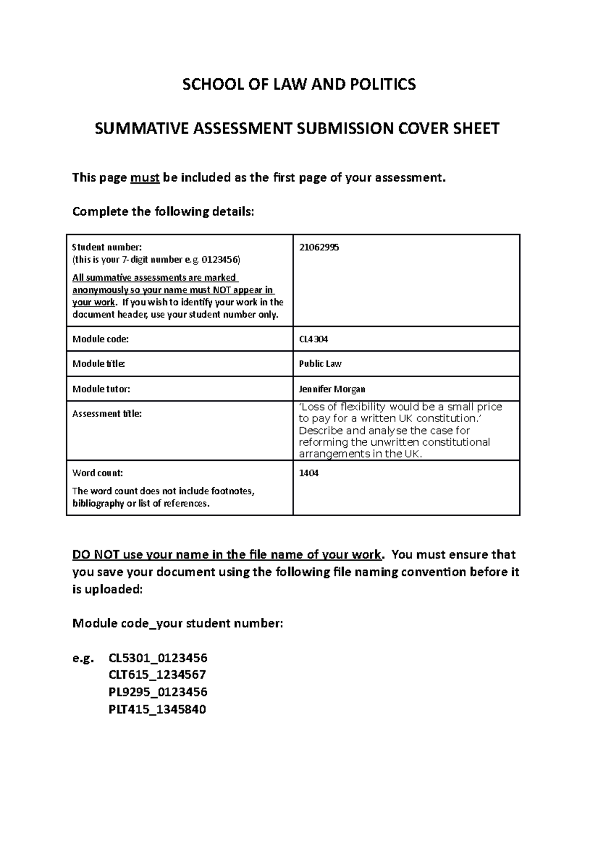Summative 1 Public law - SCHOOL OF LAW AND POLITICS SUMMATIVE ASSESSMENT SUBMISSION COVER SHEET ...