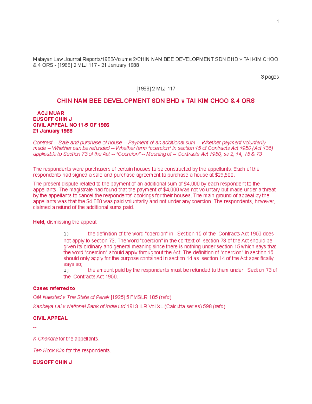 CHIN NAM BEE Development SDN BHD v TAI KIM C - Malayan Law Journal ...