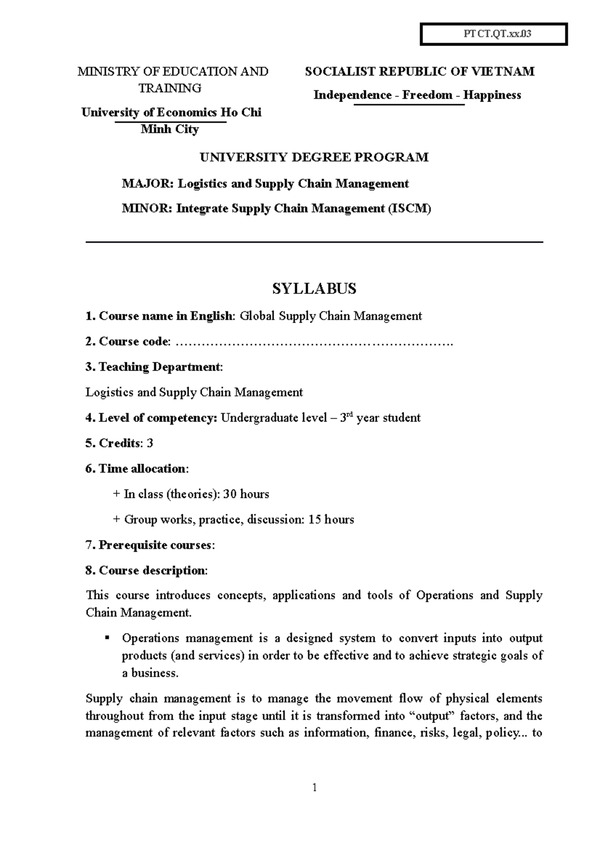 Syllabus Global Supply Chain Management 2022 - MINISTRY OF EDUCATION ...