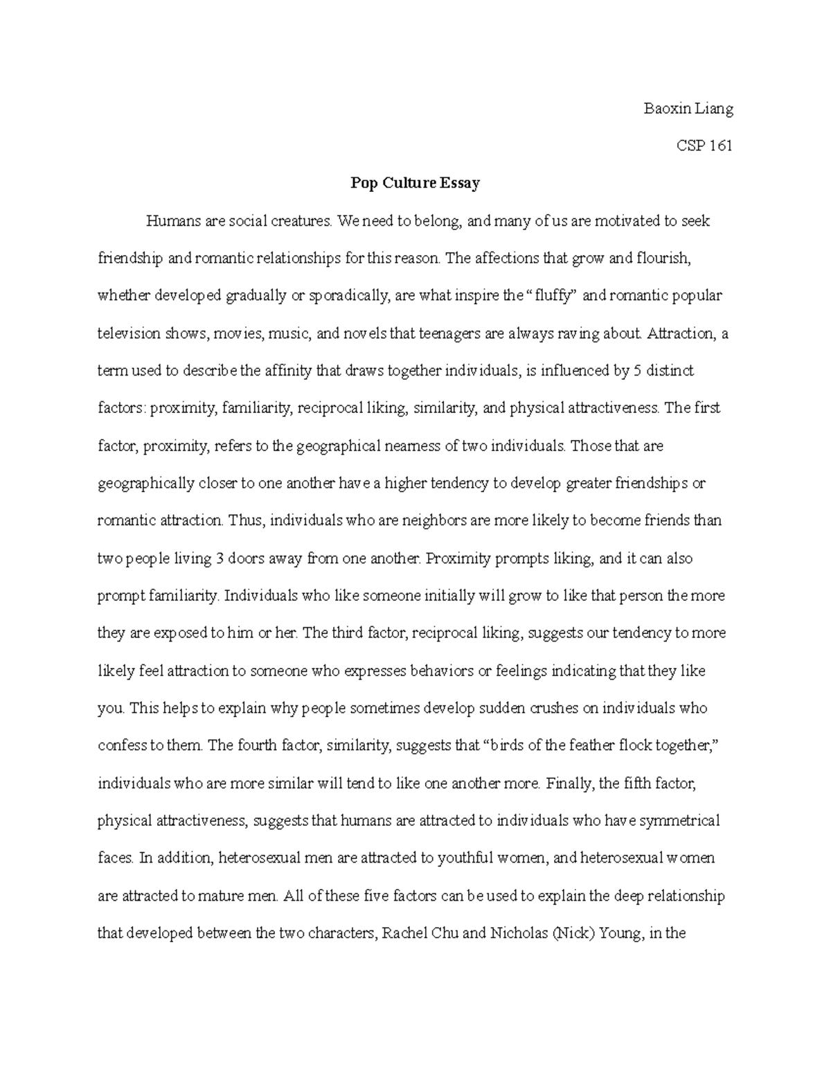 Pop Culture Essay - Grade: A - Baoxin Liang CSP 161 Pop Culture Essay ...