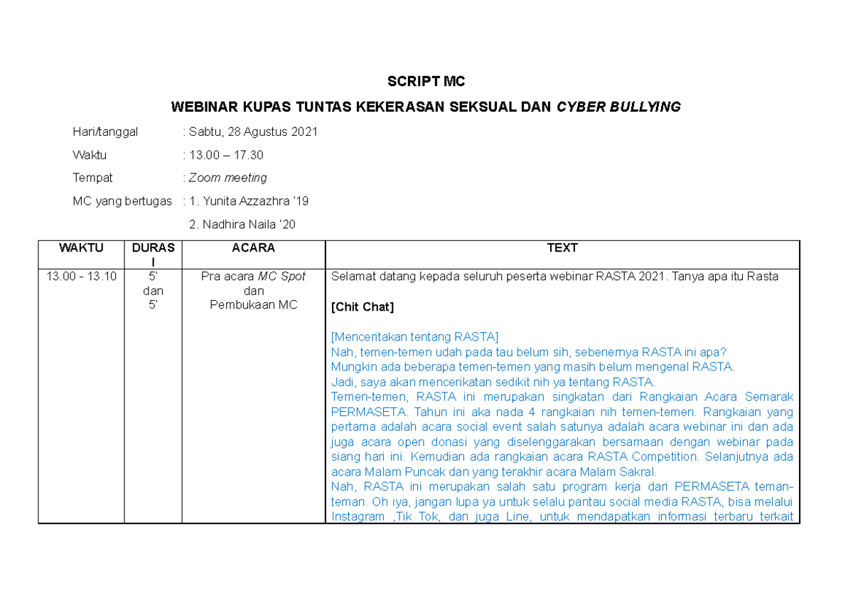 Script MC Webinar Rasta - SCRIPT MC WEBINAR KUPAS TUNTAS KEKERASAN ...