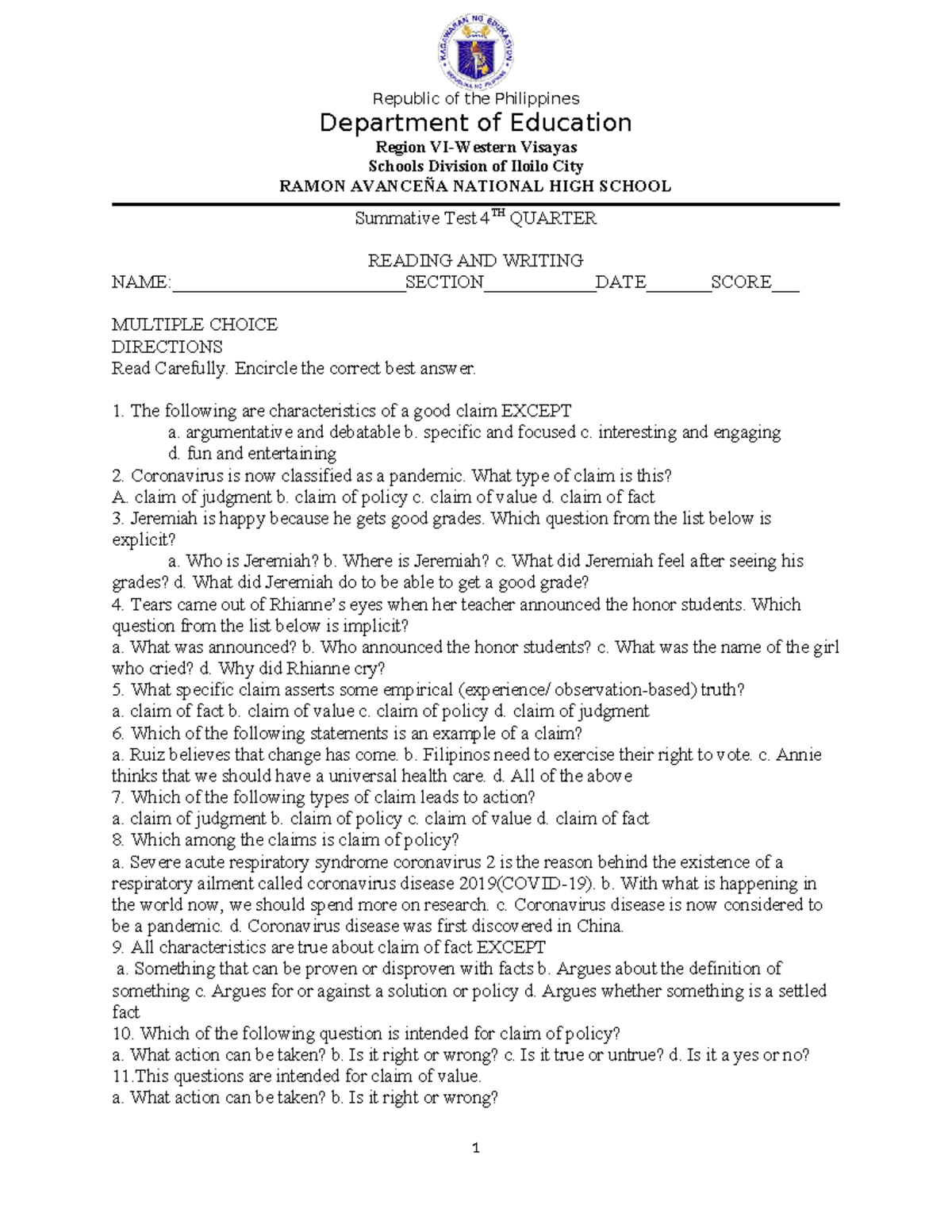 4TH Quarter EXAM Reading AND Writing Summative Test - Department of ...