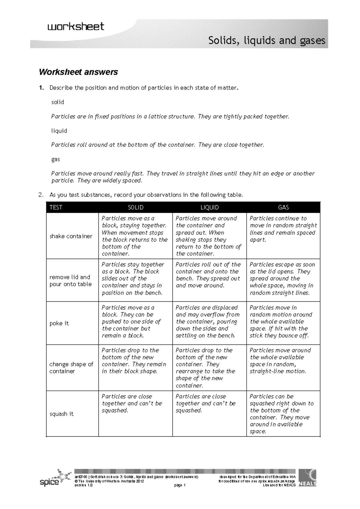 Worksheet answers Solids liquids and gases w - Solids, liquids and ...