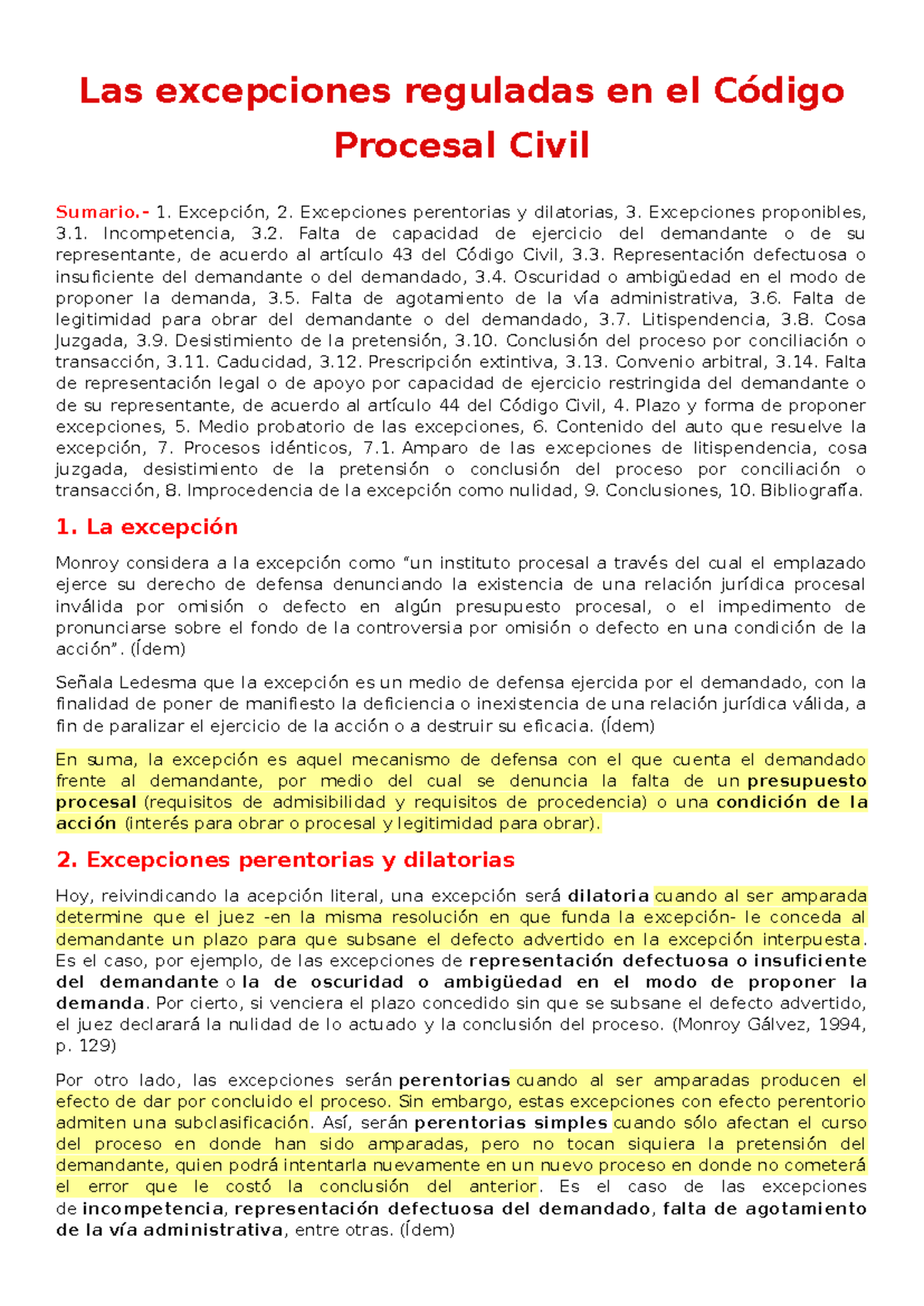 Las excepciones reguladas en el Código Procesal Civil - 1. Excepción, 2 ...