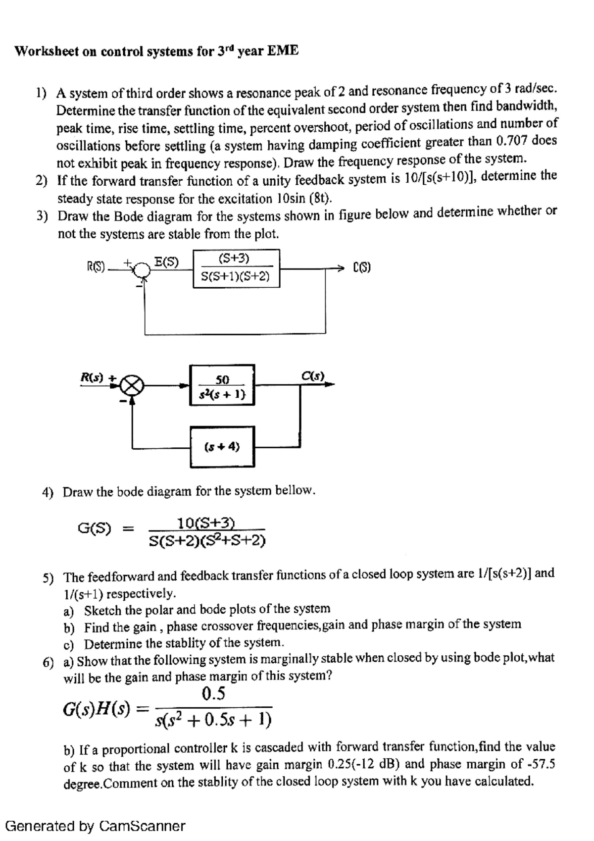 Control final wor - exam question - Worksheet on control systems for ...