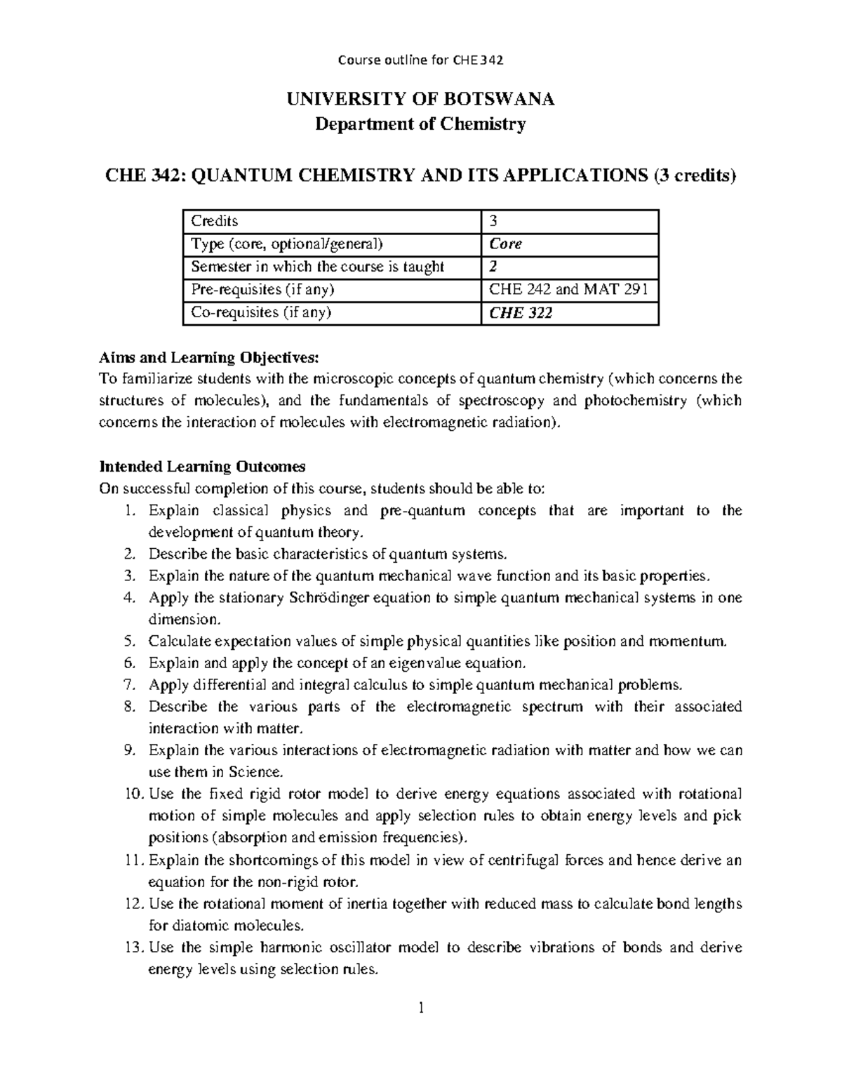 CHE342 Course Outline 2021 - Course outline for CHE 342 1 UNIVERSITY OF ...