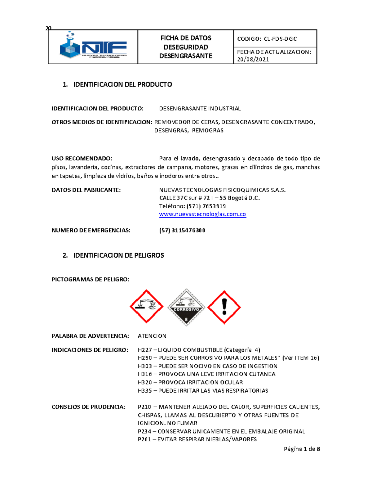 02. Desengrasante - FICHA DE DATOS DESEGURIDAD DESENGRASANTE CODIGO: CL ...