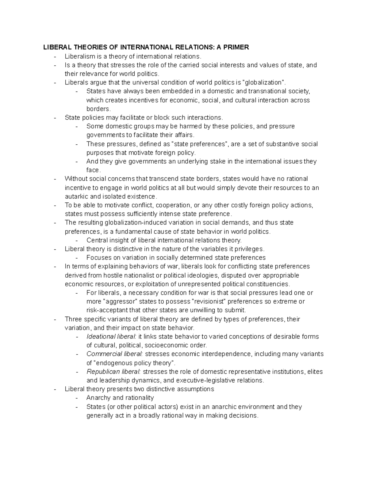 POLI 205, Liberal theories - LIBERAL THEORIES OF INTERNATIONAL ...