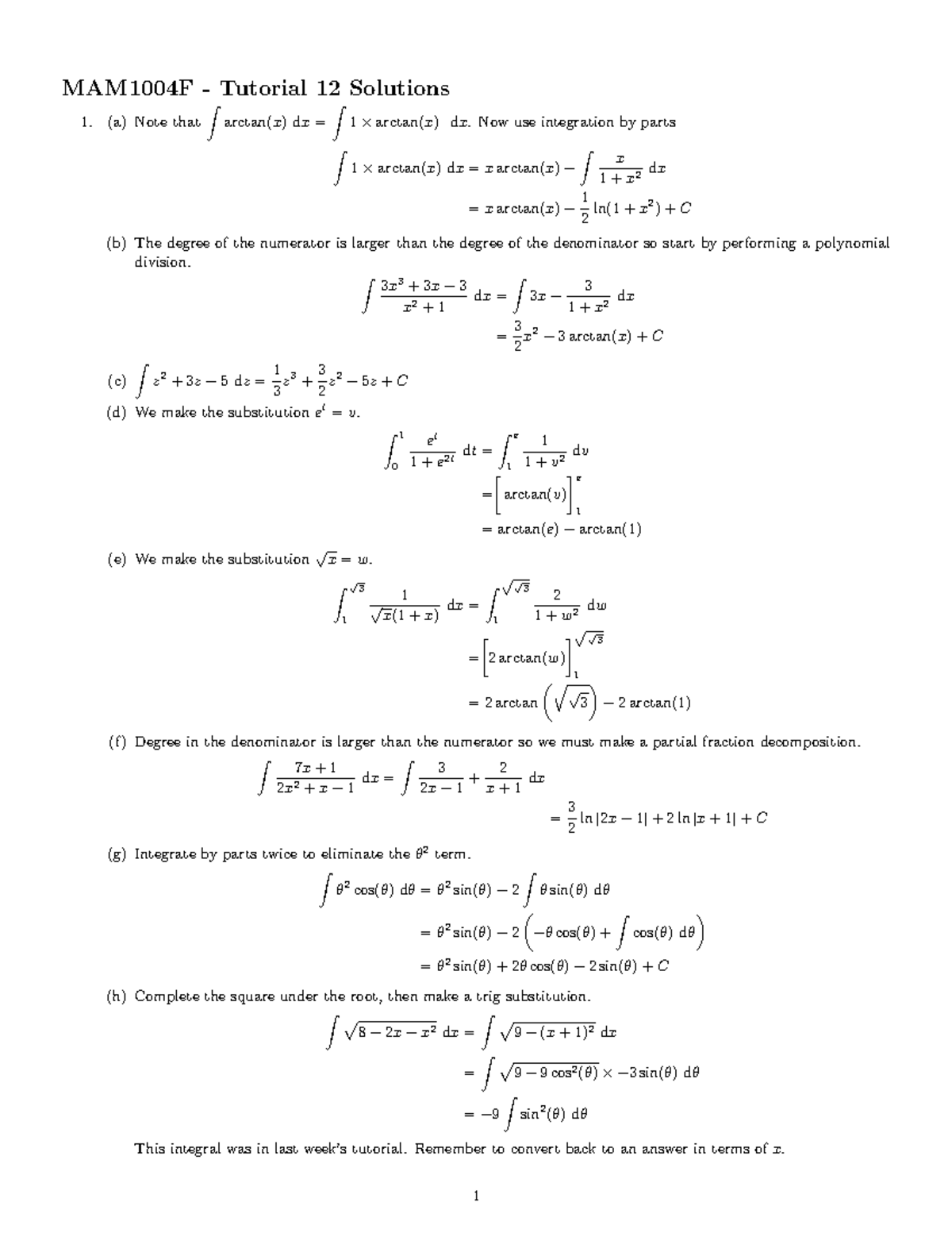 Tutorial 12 solutions - MAM1004F - Tutorial 12 Solutions (a) Note that ...