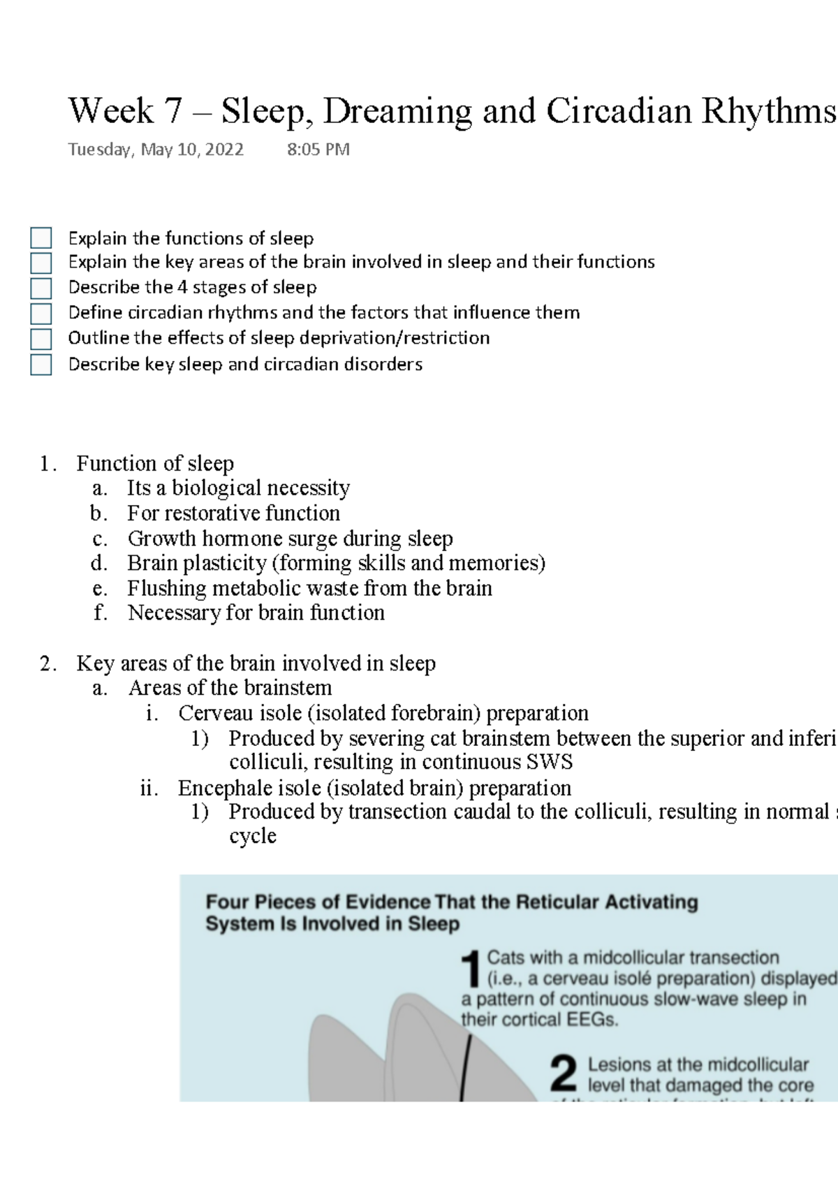 Week 7 – Sleep, Dreaming and Circadian Rhythms - Explain the functions ...