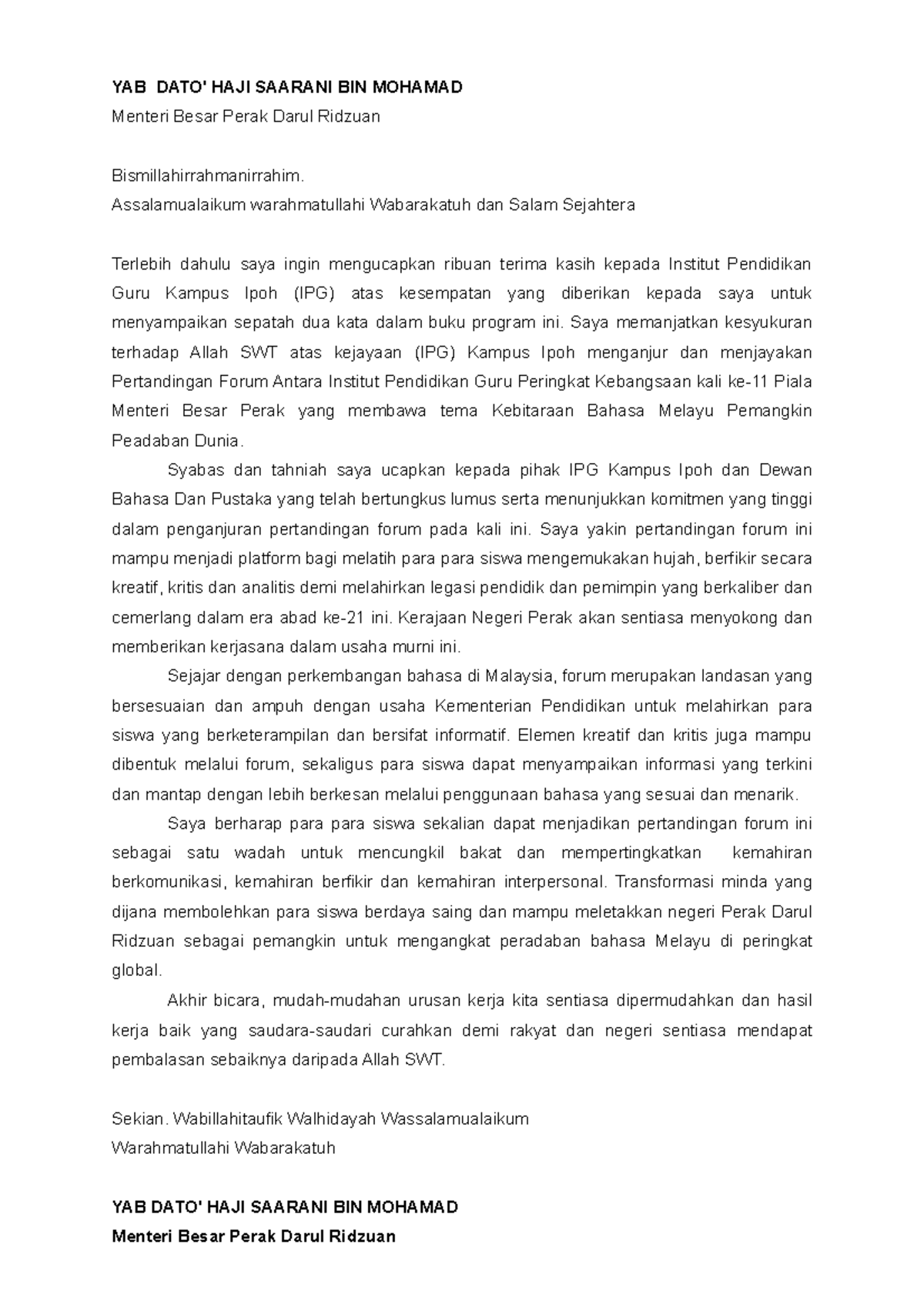 Kata alu-aluan MB - Bahasa - YAB DATO' HAJI SAARANI BIN MOHAMAD Menteri Besar Perak Darul ...