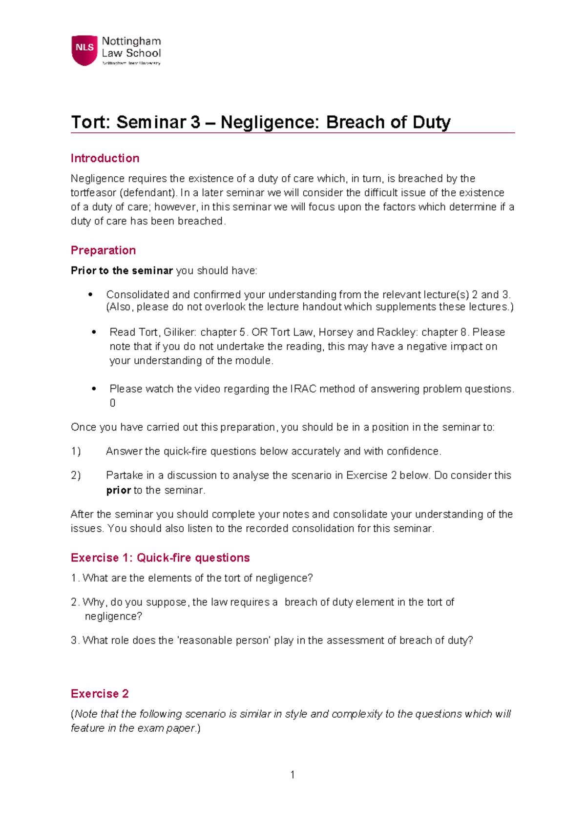 Seminar 3 Description Negligence Breach of Duty - Tort: Seminar 3 ...