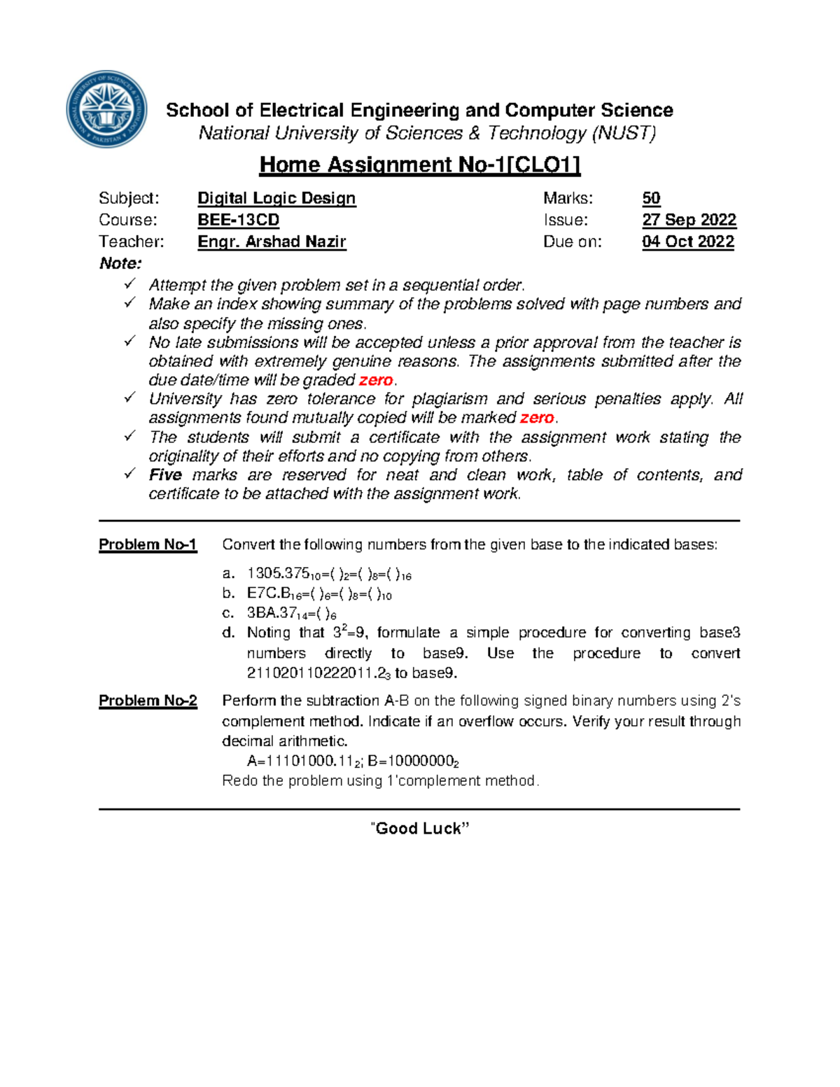 Home Asgn1 BEE 13CD - home assingnment of dld - School of Electrical ...