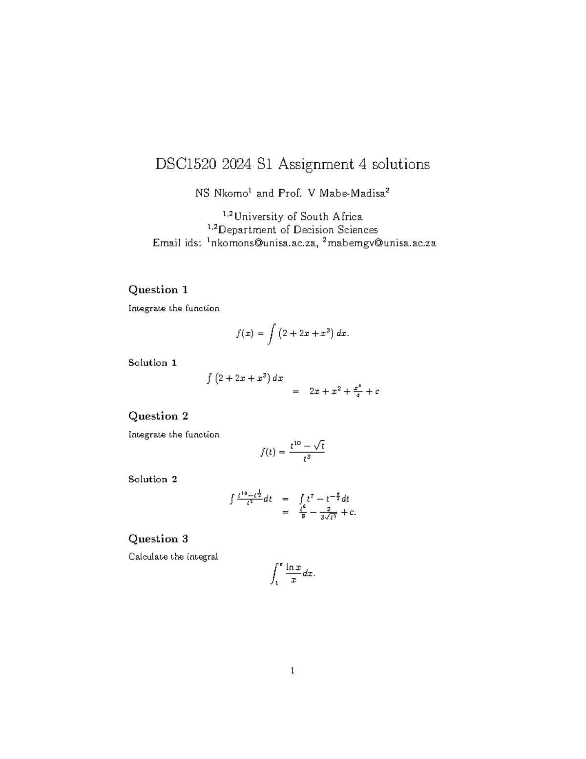 DSC1520 S1 Assignment 4 Solutions - DSC1520 2024 S1 Assignment 4 solutions NS Nkomo 1 and Prof ...