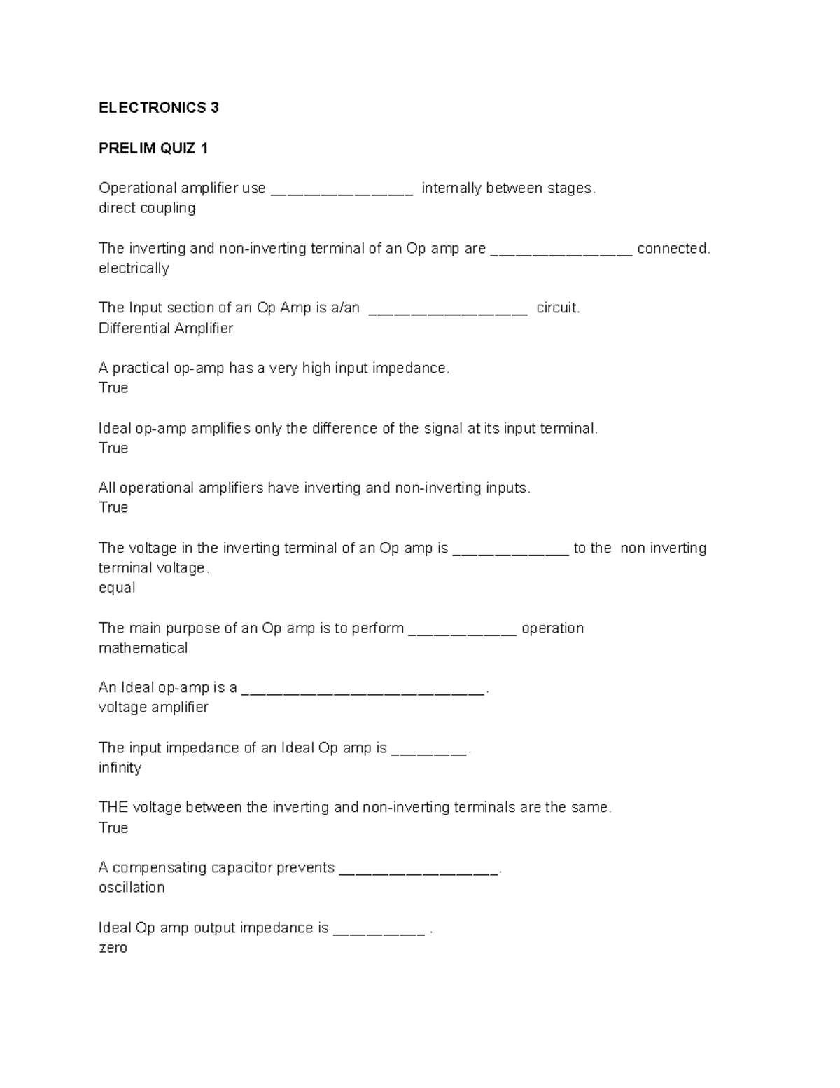Electronics 3 - Prelim Quiz 1 and Lab Quiz 1 - ELECTRONICS 3 PRELIM ...