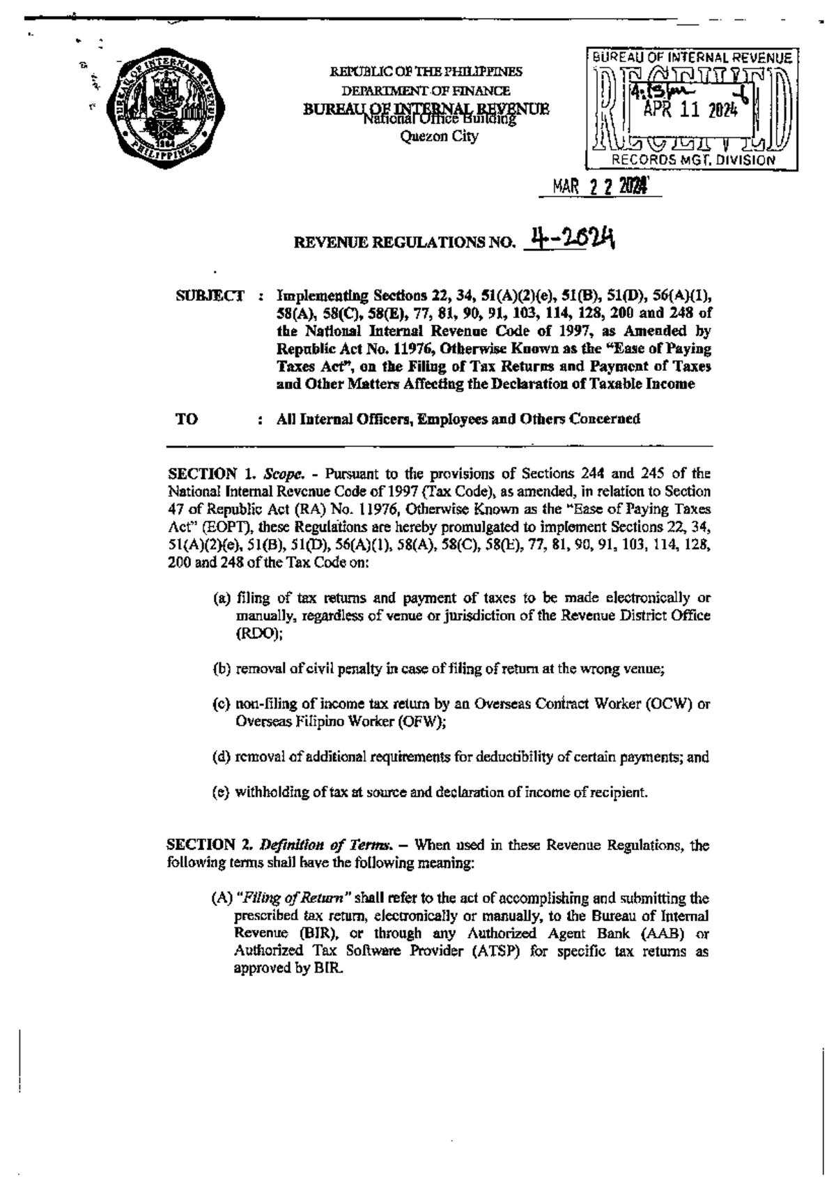 RR No.4- 2024 - EOPT - Tax Law - Studocu