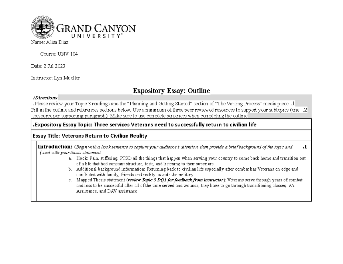 Expository Essay Outline 2 - Name: Alisa Diaz Course: UNV 104 Date: 2 ...