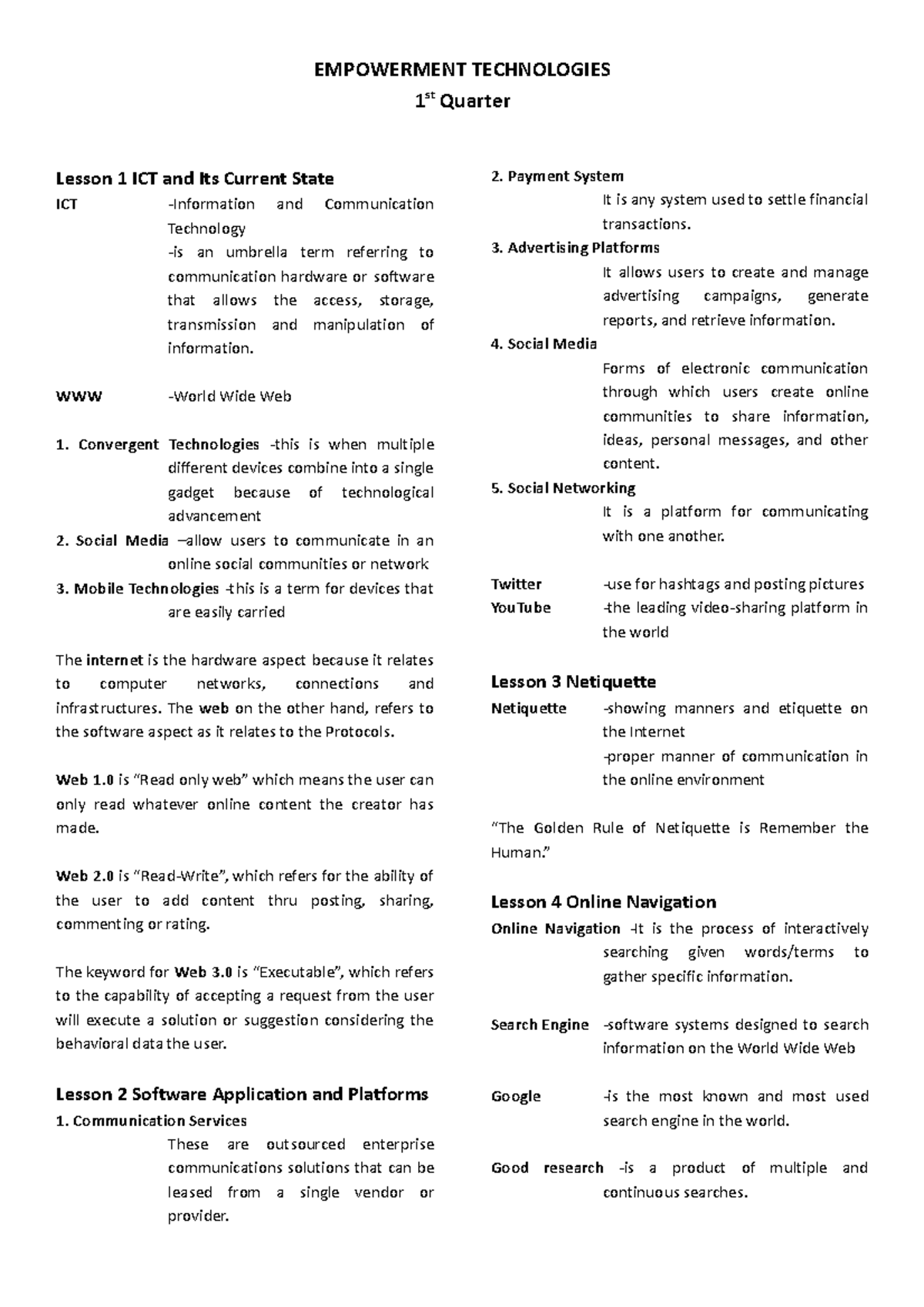Reviewer ETech 1st Quarter - EMPOWERMENT TECHNOLOGIES 1 st Quarter Lesson 1 ICT and Its Current ...