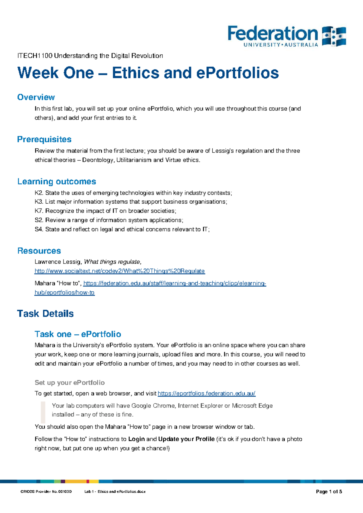 Lab 1 - Ethics and e Portfolios - ITECH1100 Understanding the Digital ...