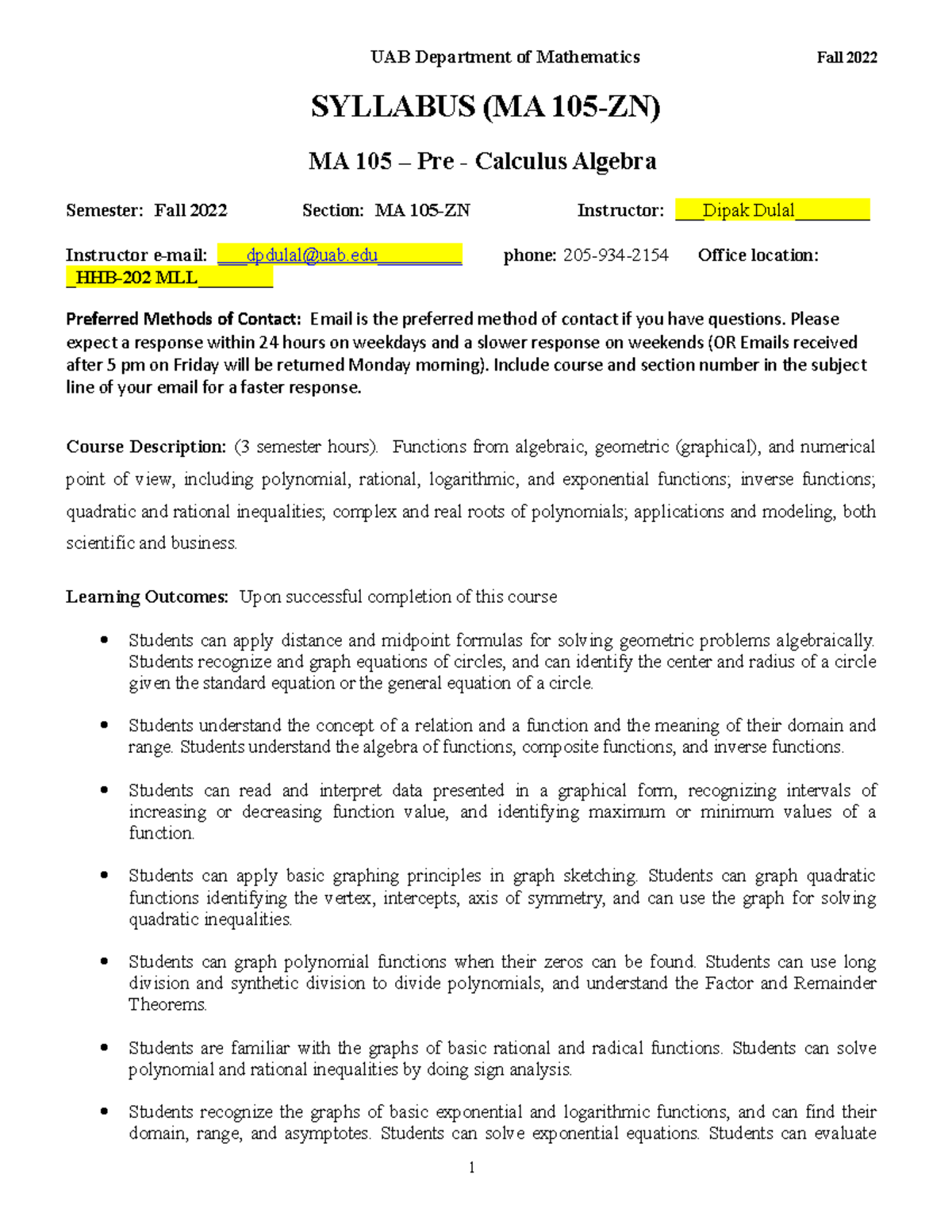 Syllabus MA 105-ZN-Mon-Wed-Fri - UAB Department of Mathematics Fall ...
