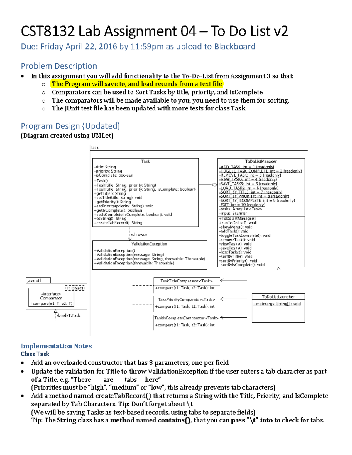 Assignment 4 To Do List v2 - CST8132 Lab Assignment 04 – To Do List v Due: Friday April 22, 2016 ...