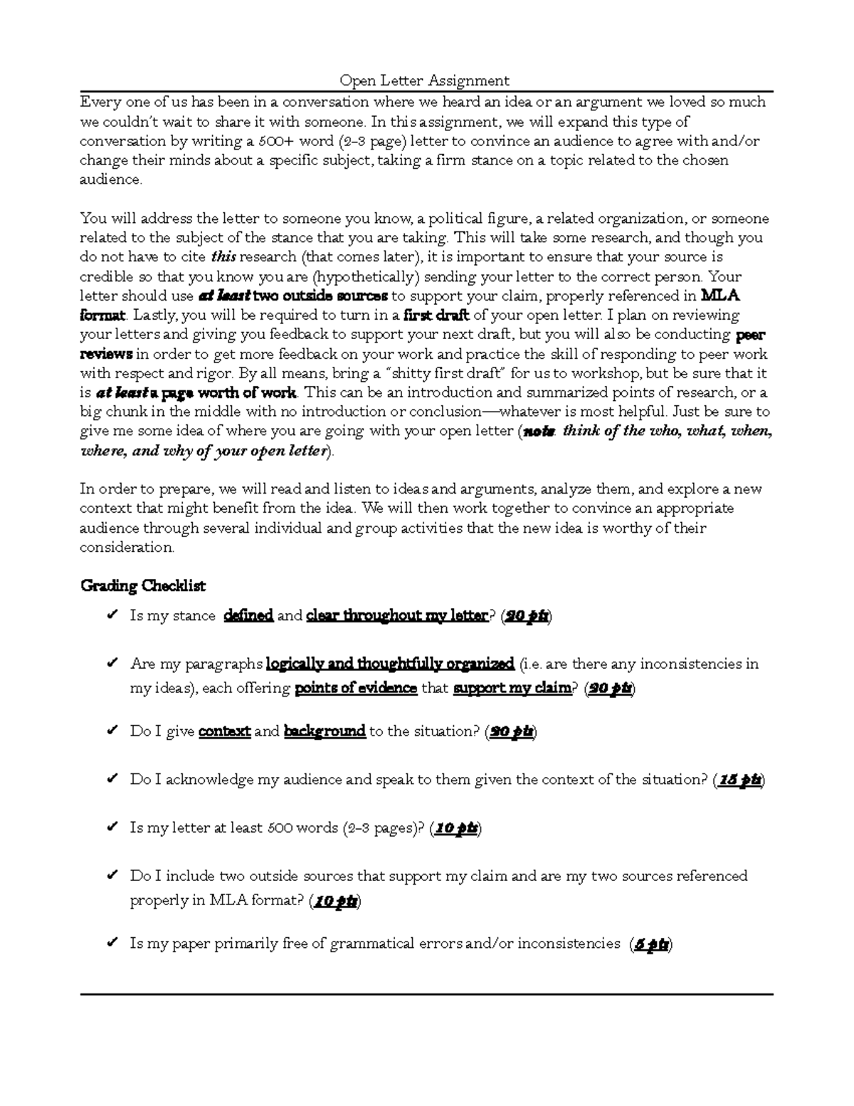 Open Letter Assignment Sheet - Open Letter Assignment Every one of us ...