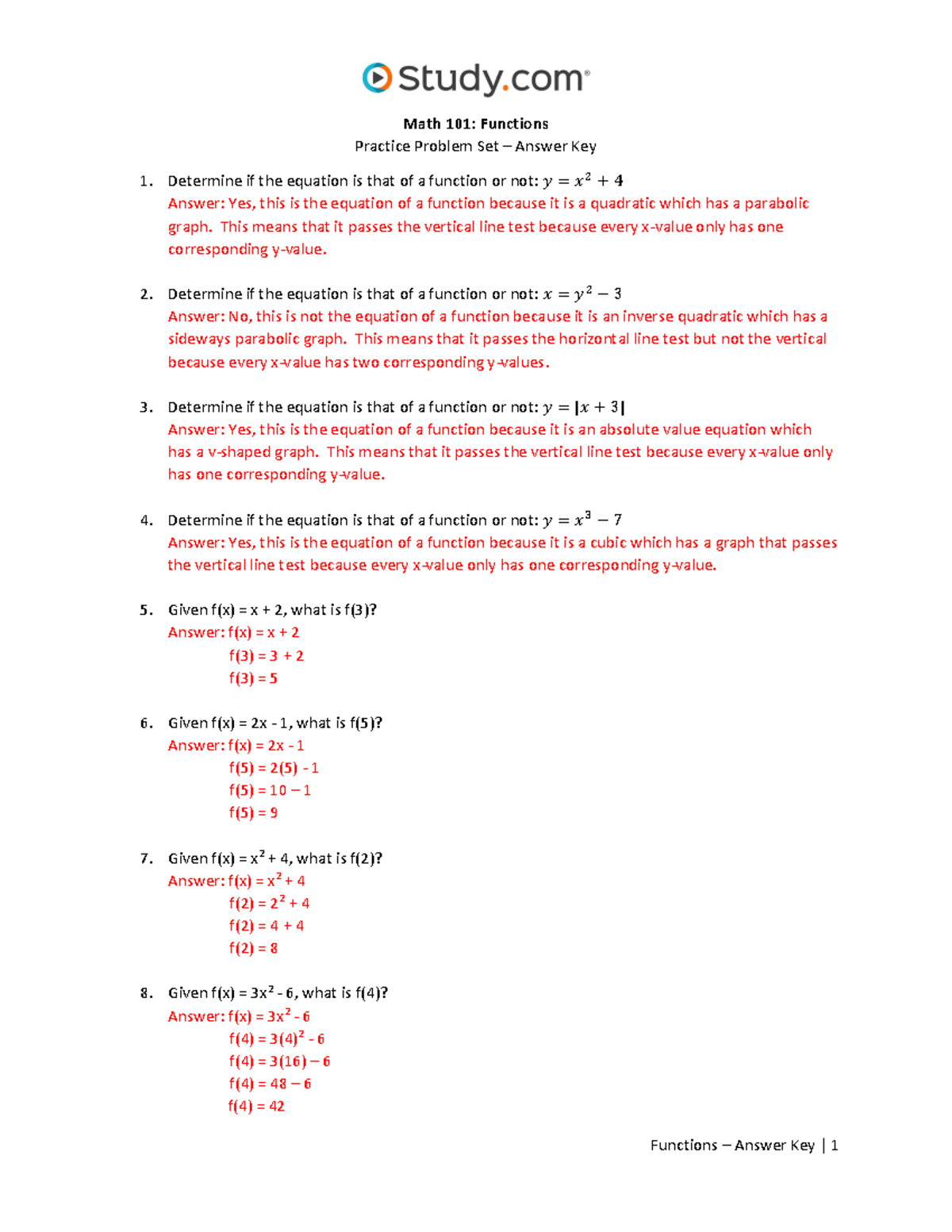Math 101 ch 7 practice problem set answer key - Math 101: Functions Practice Problem Set ...