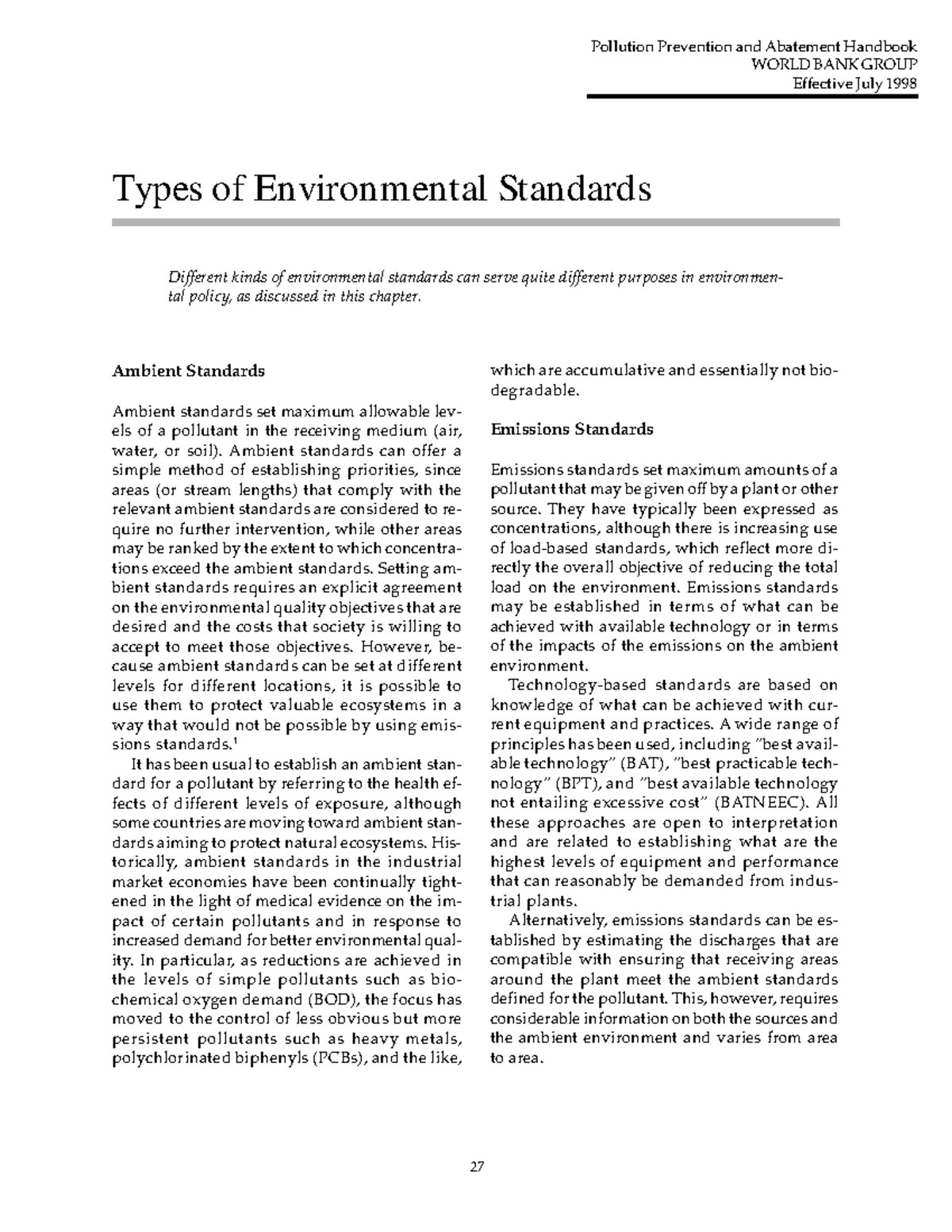 Environ benefits - 27 Ambient Standards Ambient standards set maximum ...